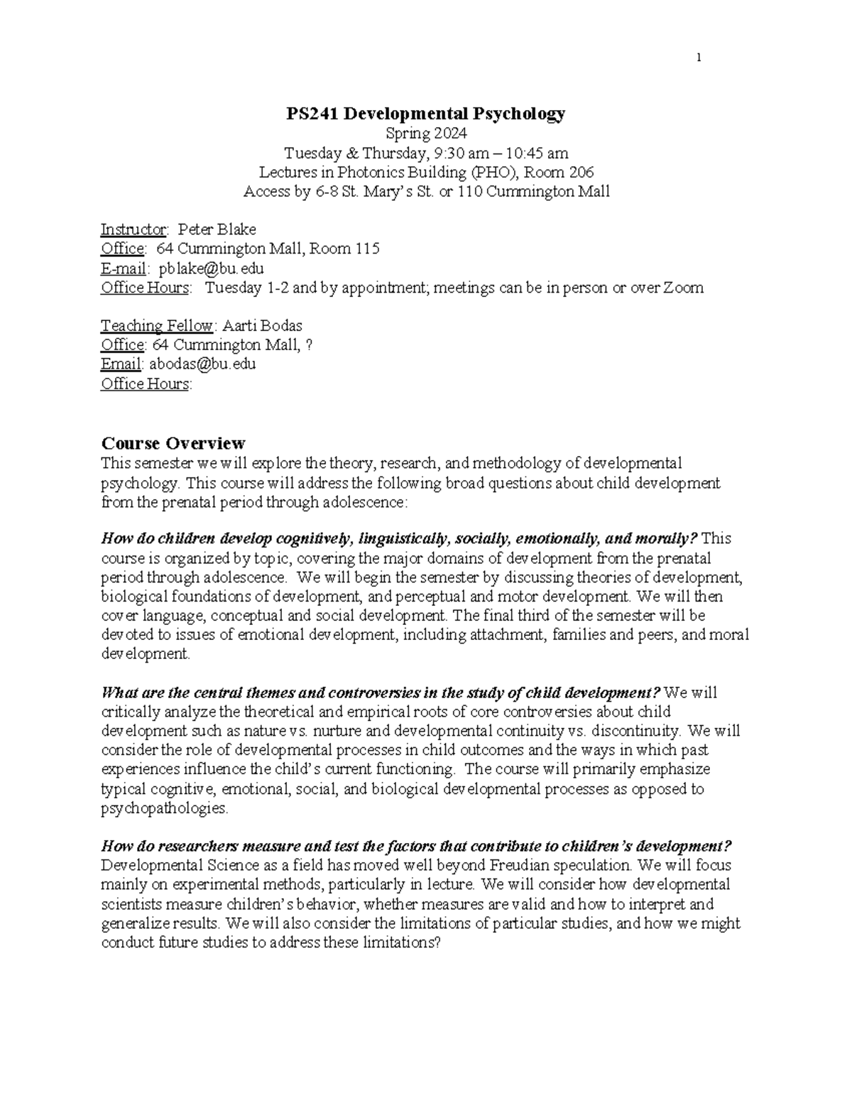 PS241 Development Psych Blake syllabus 2024 - PS 241 Developmental ...