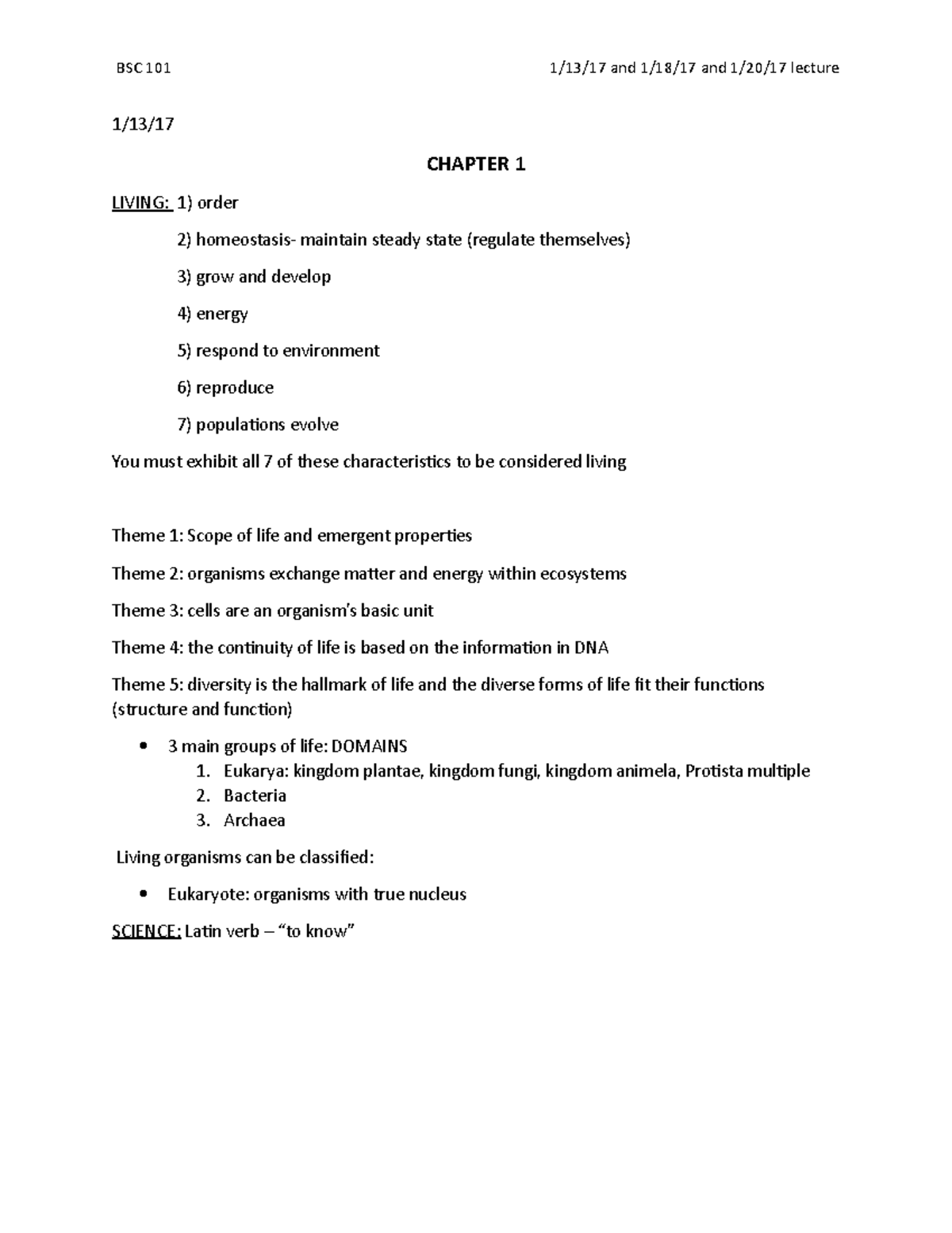 BSC - Chapter 1 - Intro into biology - BSC 101 1/13/17 and 1/18/17 and ...