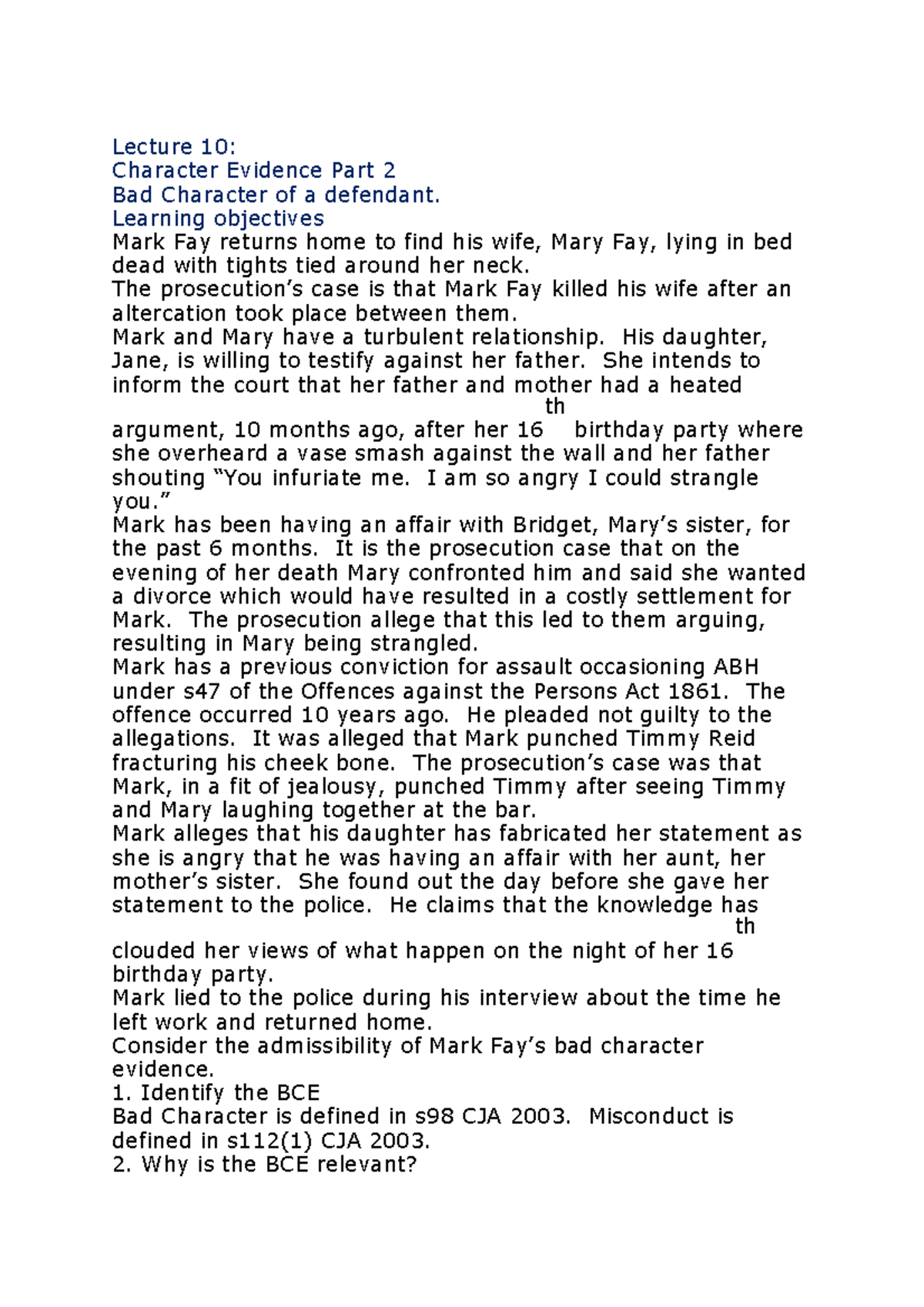 Lecture 10 - Lecture 10: Character Evidence Part 2 Bad Character of a ...