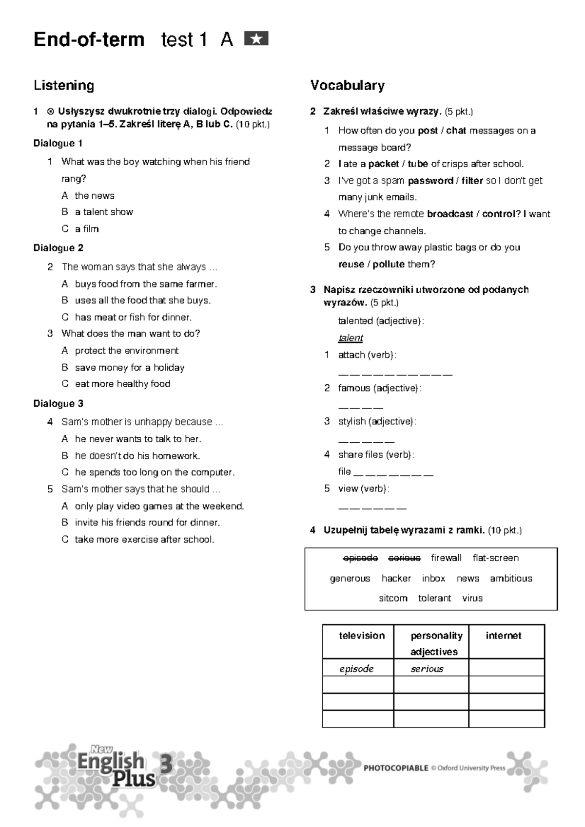 End of term 1 Basic test A - End-of-term test 1 A Listening 1 Usłyszysz ...