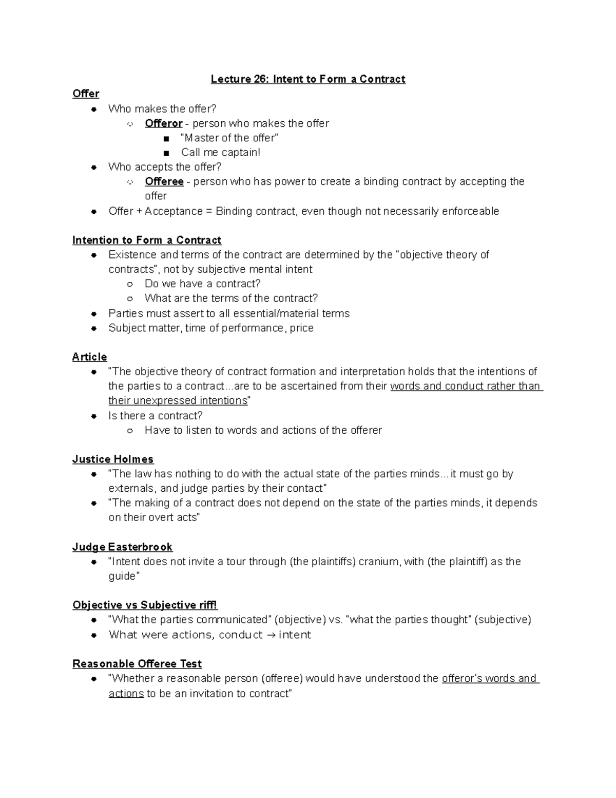 Lecture 26 Intent to Form a Contract - Lecture 26: Intent to Form a Contract Offer Who makes the ...