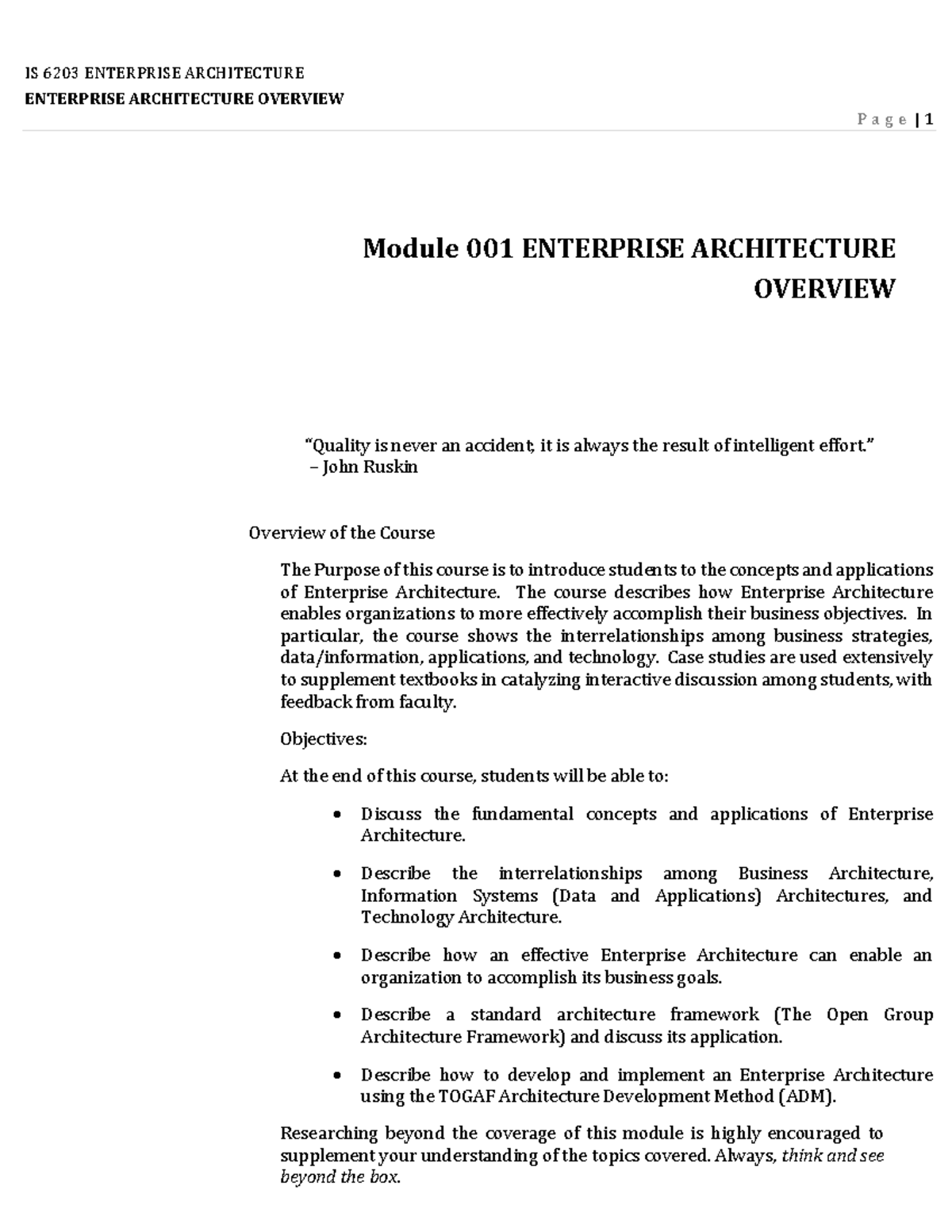 W1- Module 001- Enterprise Architecture Overview - ENTERPRISE ARCHITECTURE OVERVIEW P a g e | 1 ...