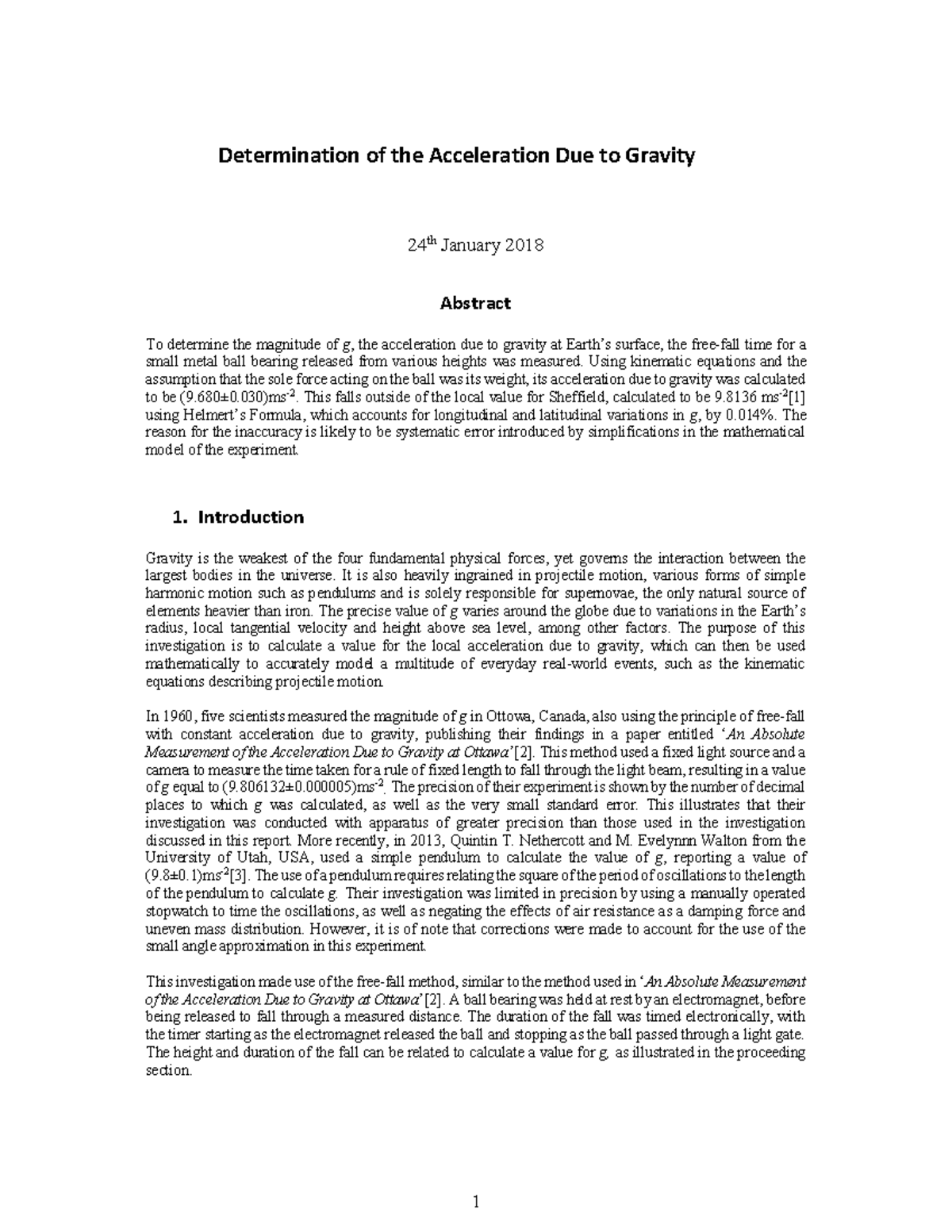 Lab Report gravity - sample - Determination of the Acceleration Due to ...