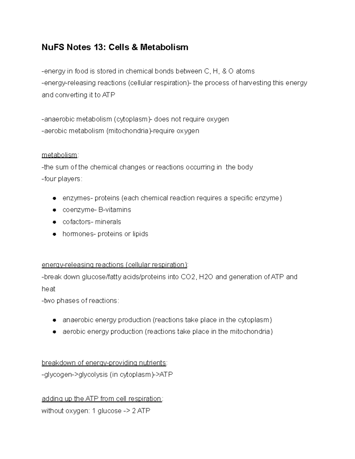 NuFS 016- Science, Physiology, and Nutrition: Notes 13 Cells ...