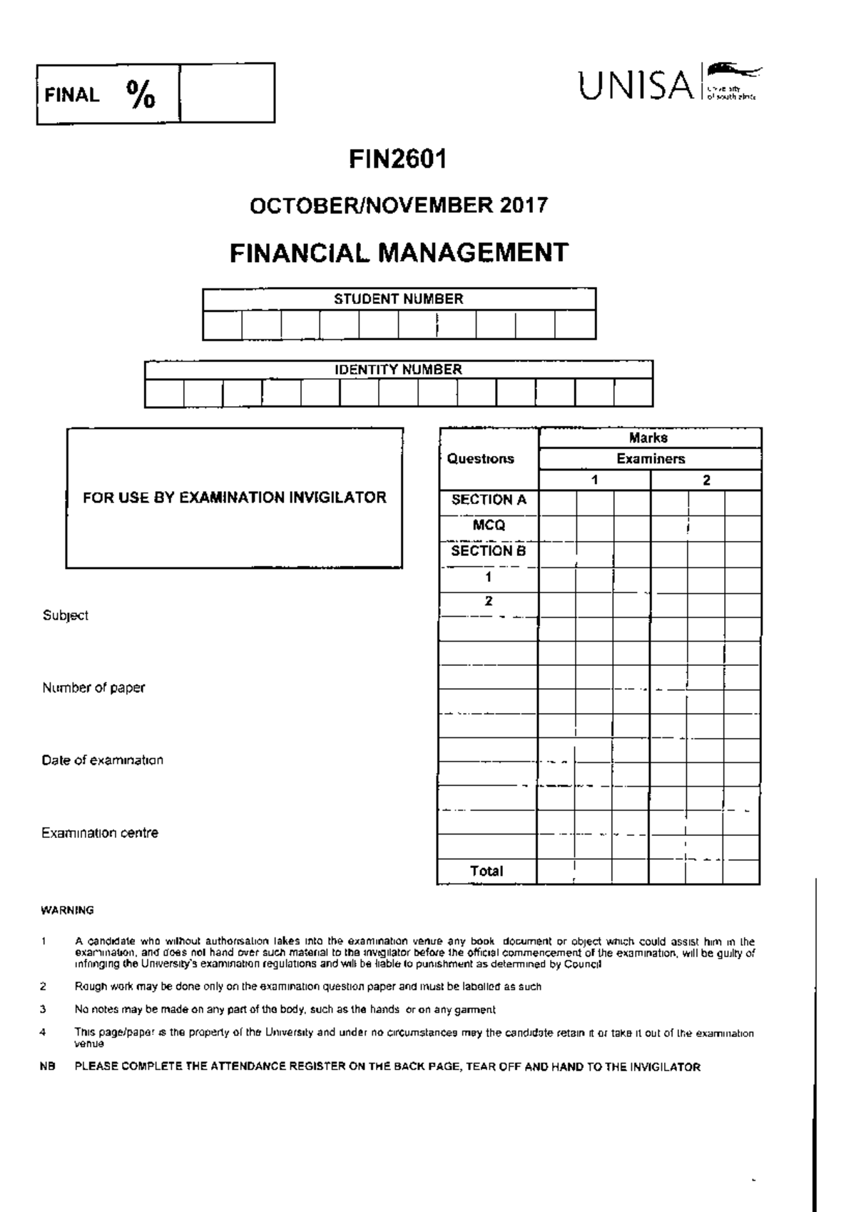 Exam 11 October 2017, questions - FIN2601 - Studocu