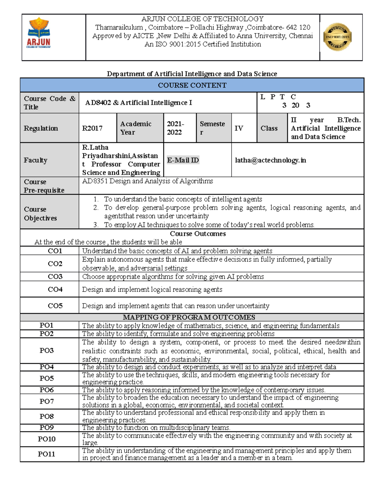 AI Course PLAN - ARJUN COLLEGE OF TECHNOLOGY Thamaraikulum , Coimbatore ...