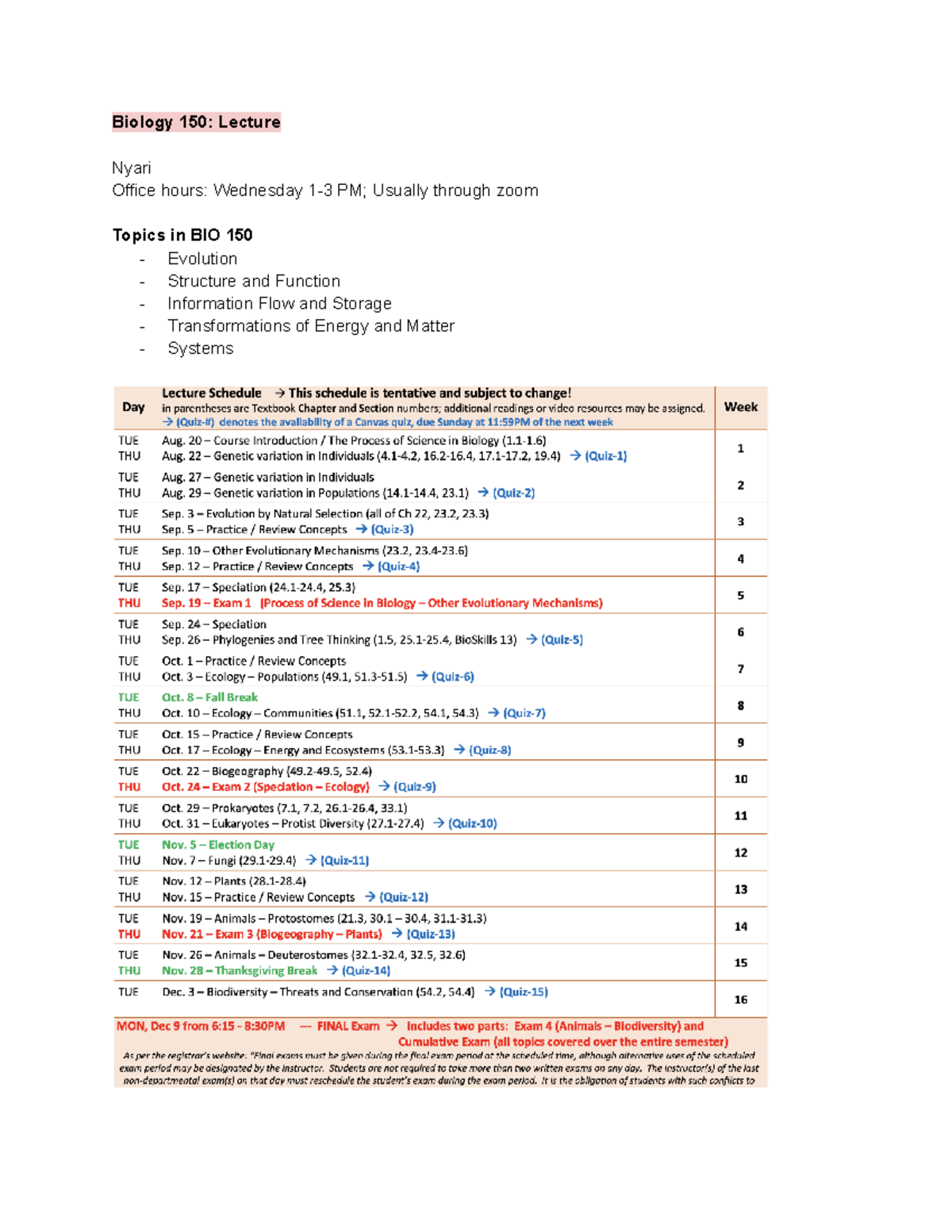 Biology 150 - Bio lecture - BIO 150 - Biology 150: Lecture Nyari Office ...