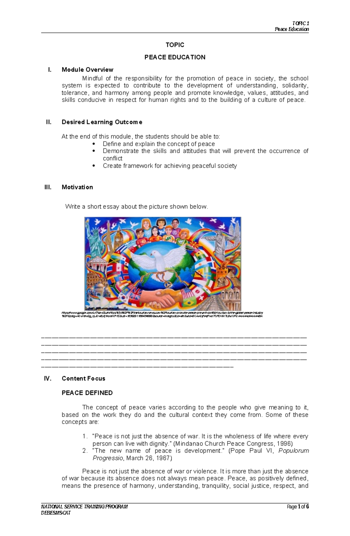 NSTP Module Peace Education - Peace Education TOPIC PEACE EDUCATION I ...