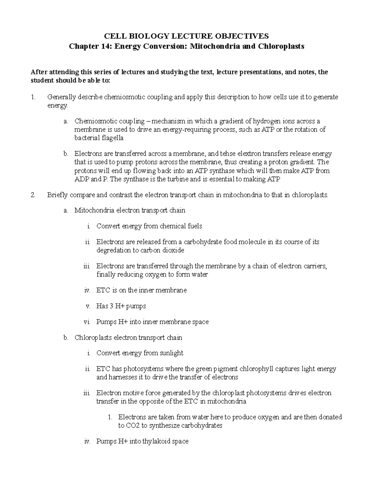 Cell Bio [Chapter 14 Objectives] - CELL BIOLOGY LECTURE OBJECTIVES ...