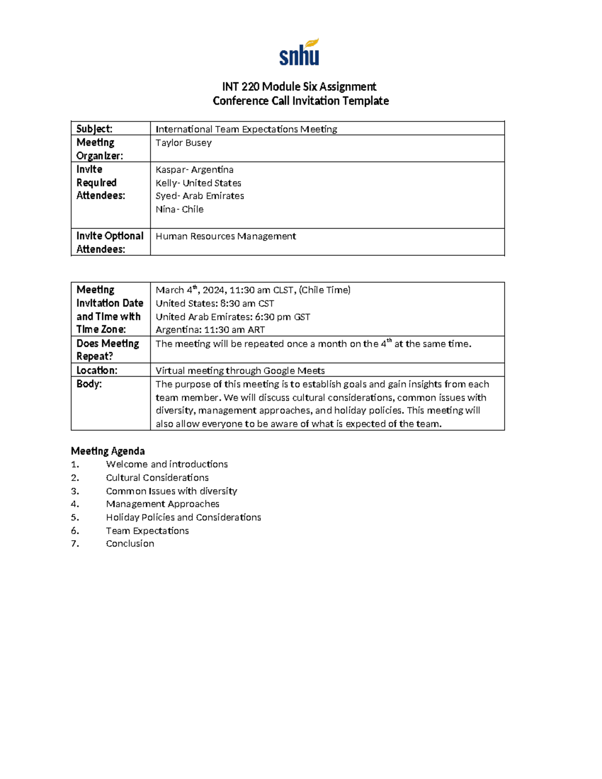INT 220 Conference Call Invitation - INT 220 Module Six Assignment ...