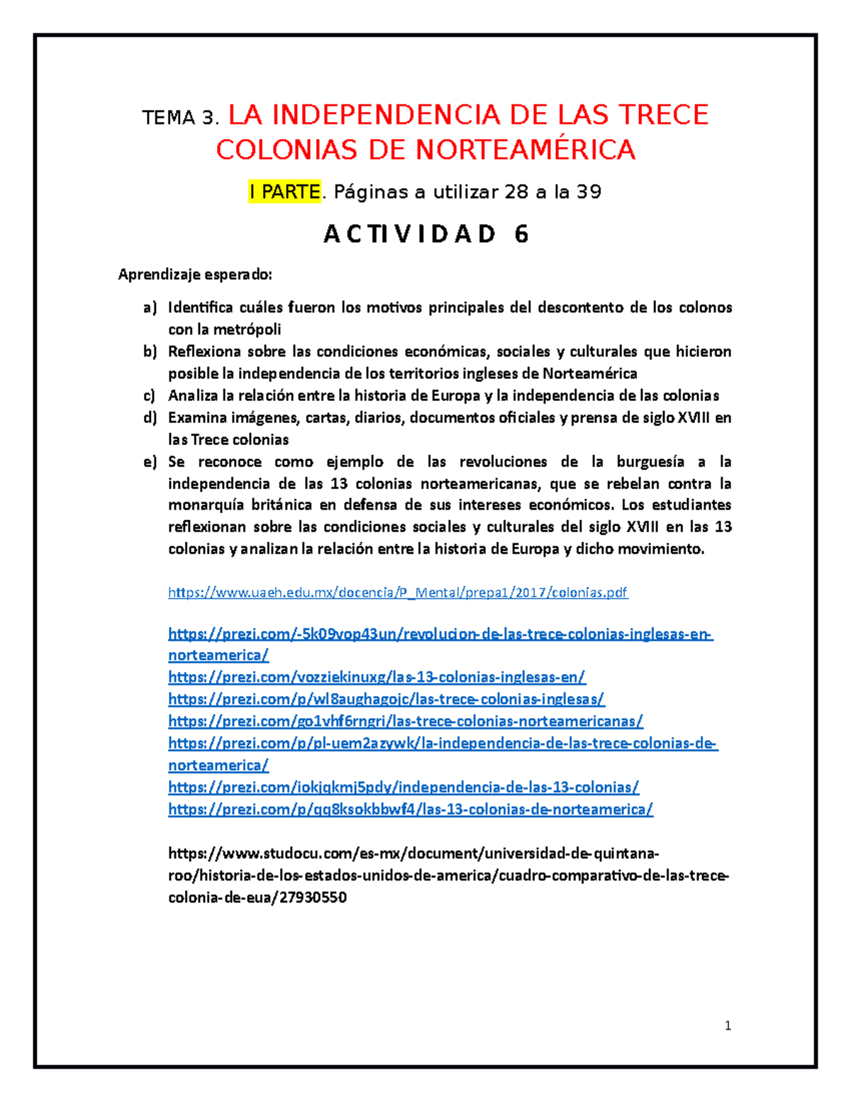 6 Actividad Historia. 1 Parte. TEMA 3. 13 Colonias DE Norteamerica ...
