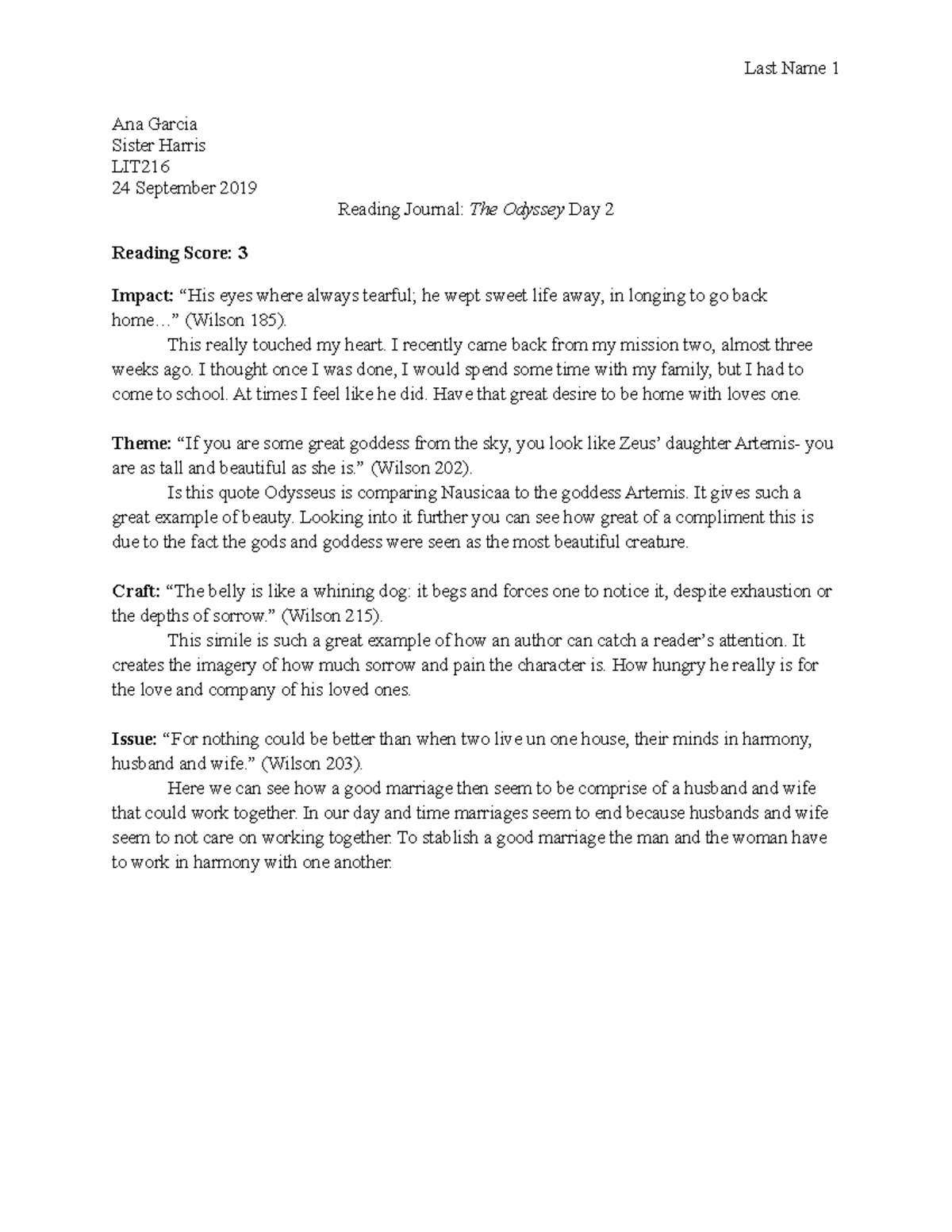 Reading Journal The Odyssey Day 2 - Last Name 1 Ana Garcia Sister ...