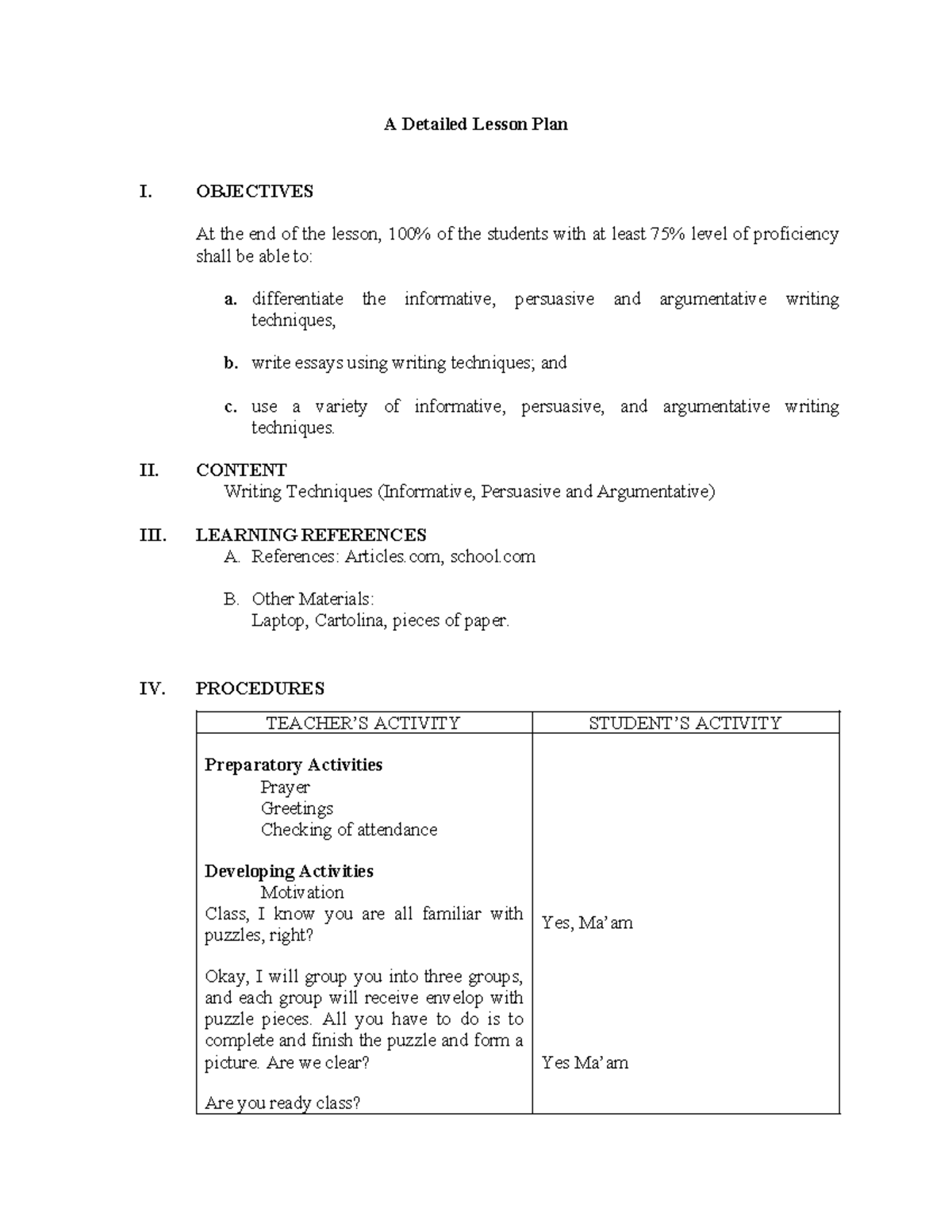 437463644-Lp-Writing-Techniques - A Detailed Lesson Plan I. OBJECTIVES ...