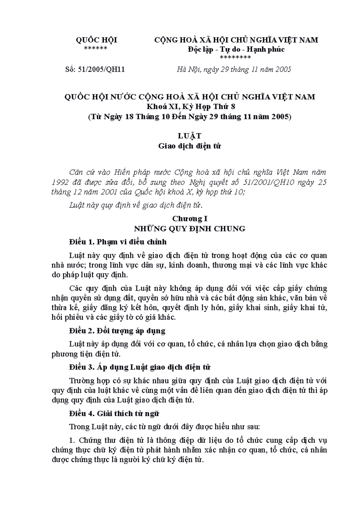 Luật giao dịch điện tử 2005 - QUỐC HỘI ****** CỘNG HOÀ XÃ HỘI CHỦ NGHĨA ...