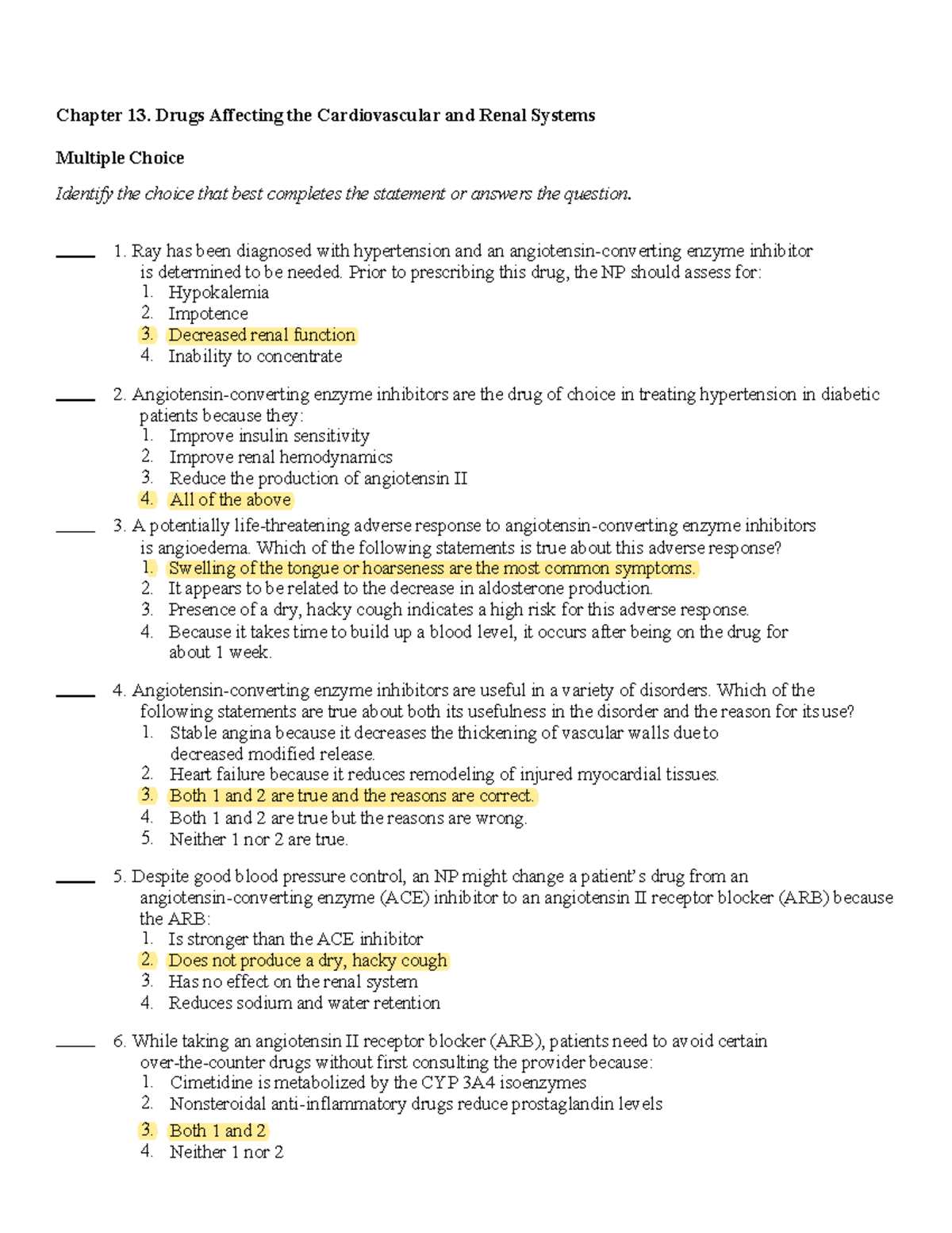 Pharm TB final exam - Review Questions - Chapter 13. Drugs Affecting the Cardiovascular and ...