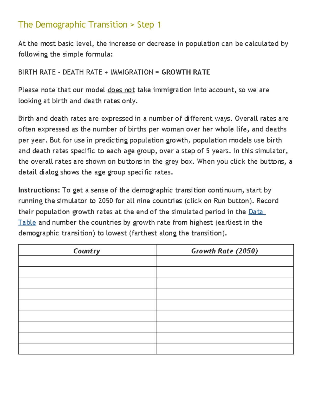 Demographics Lab - The Demographic Transition > Step 1 At the most ...