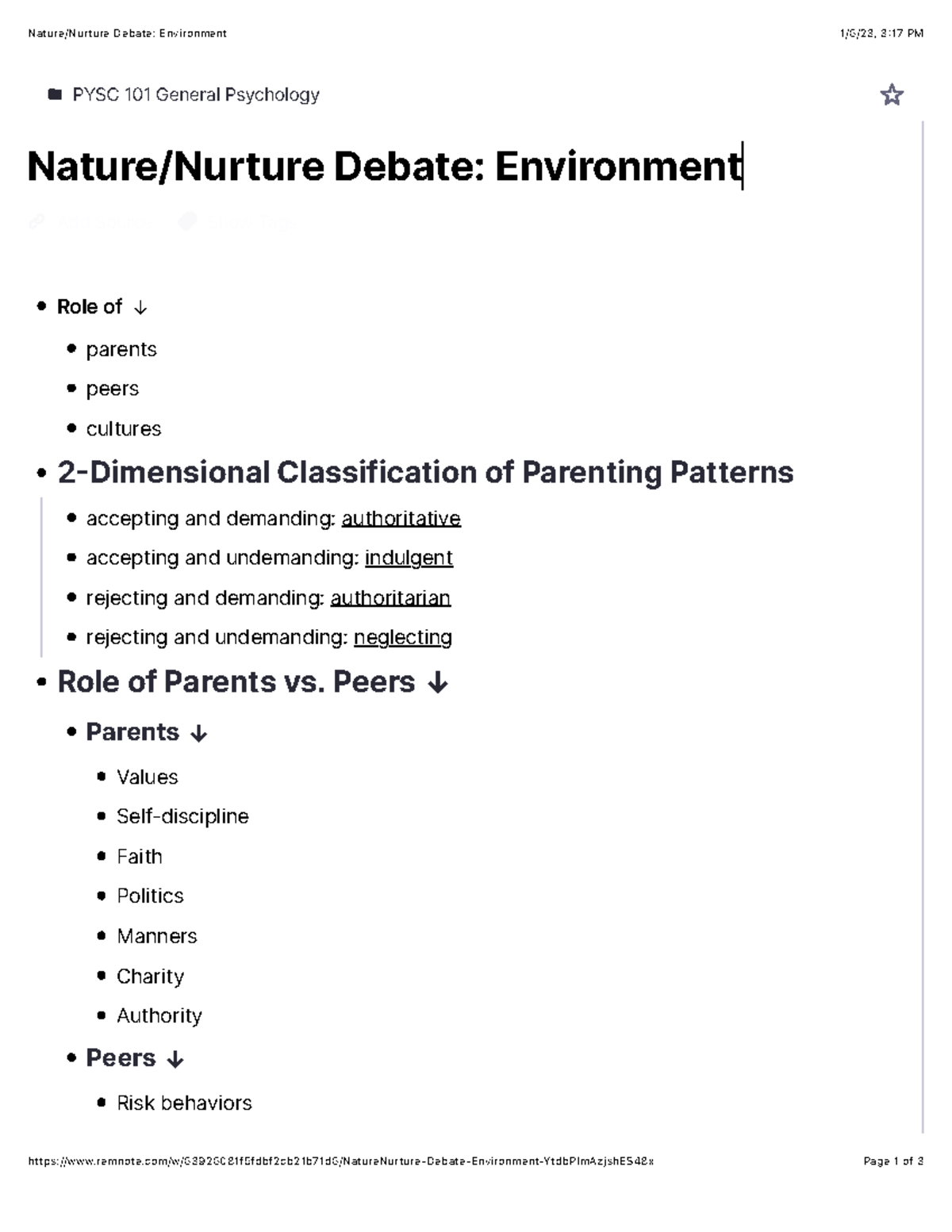 PSYC 101 Notes - Nature/Nurture Debate: Environment - Nature/Nurture ...