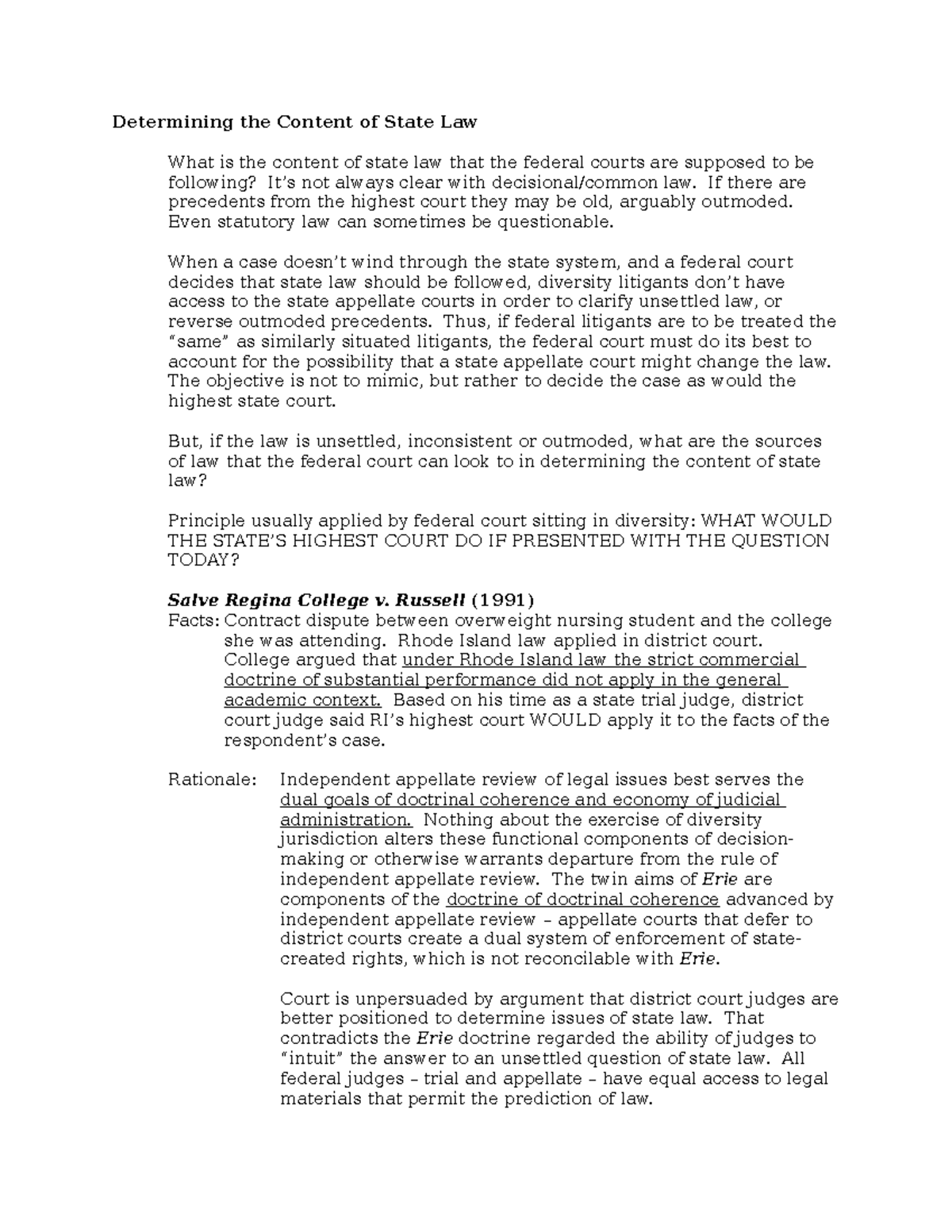 Civil Procedure Law Outline - 3 - Determining the Content of State Law ...