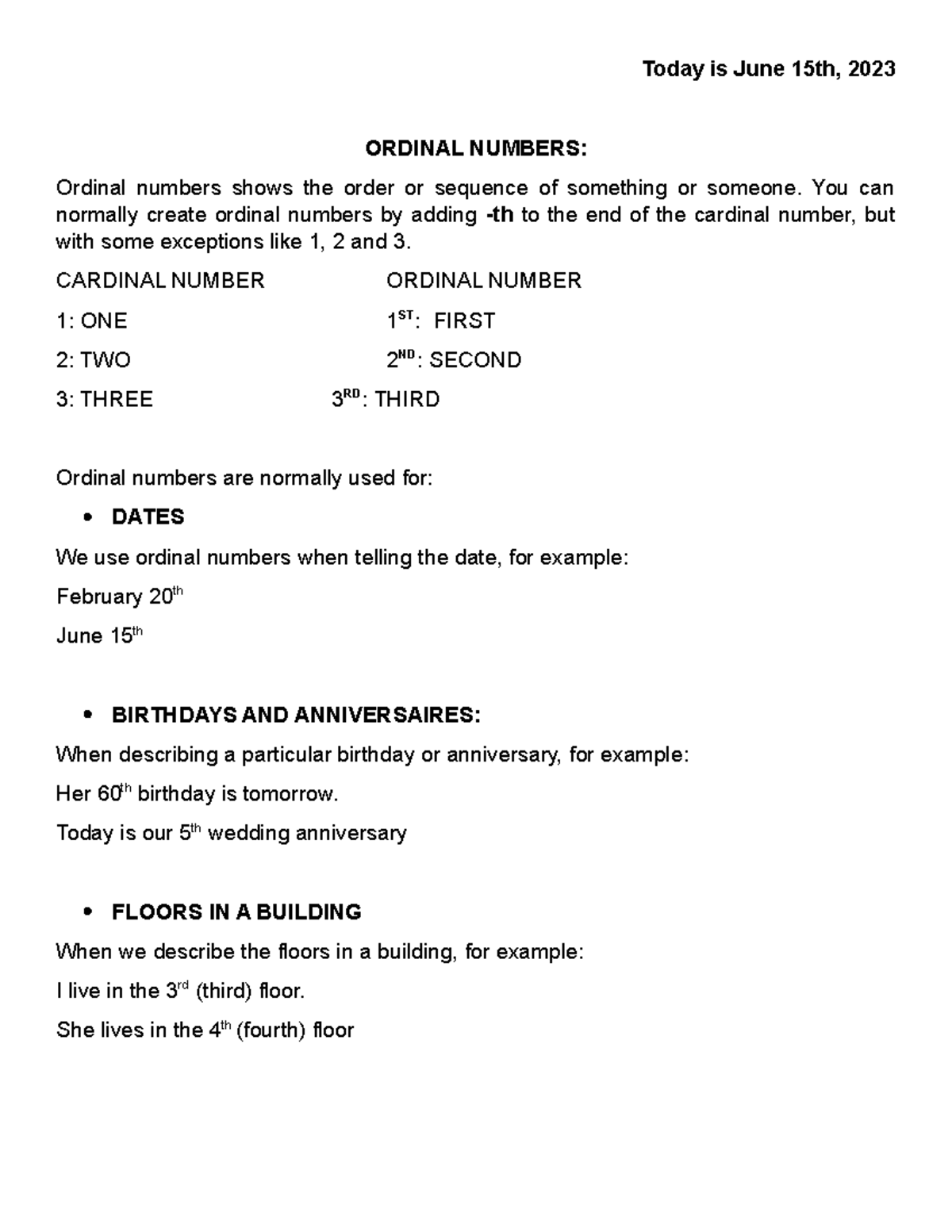 Ordinal numbers class - Today is June 15th, 2023 ORDINAL NUMBERS ...
