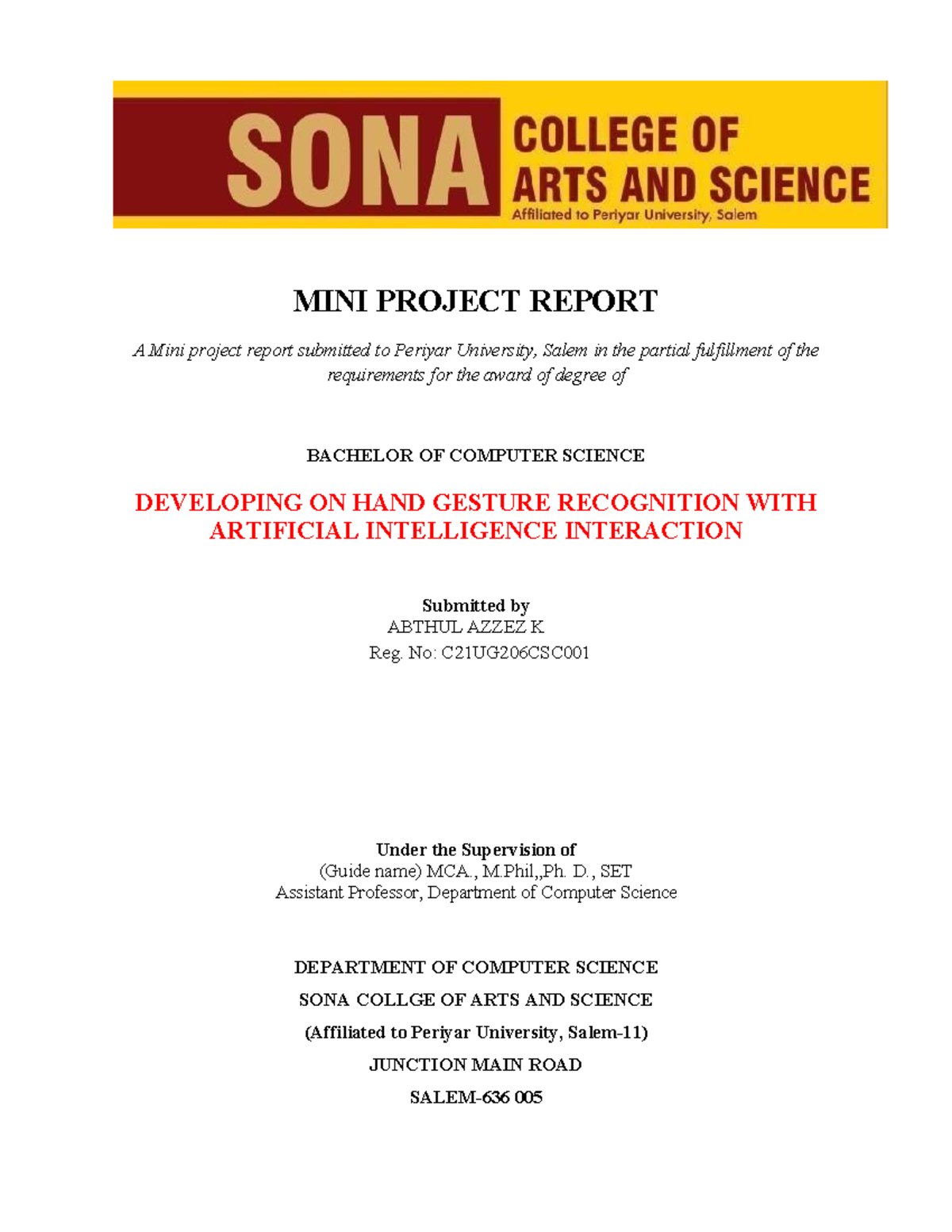 Sample Report - MINI PROJECT REPORT A Mini project report submitted to ...