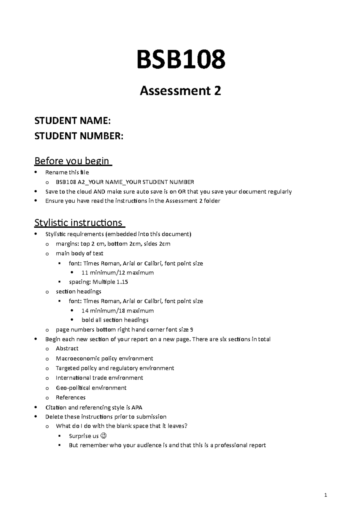 BSB108 A2 Your name student number Template(3) - BSB Assessment 2 ...