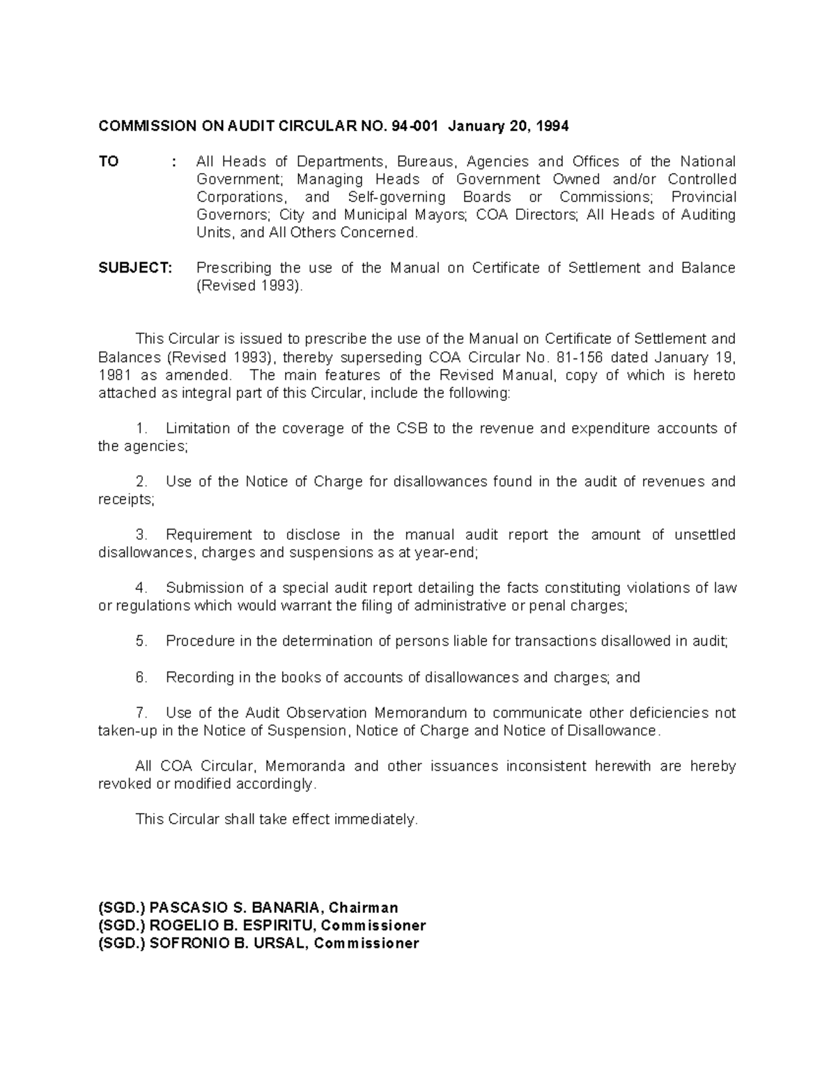 COA- Circulars for information - COMMISSION ON AUDIT CIRCULAR NO. 94 ...