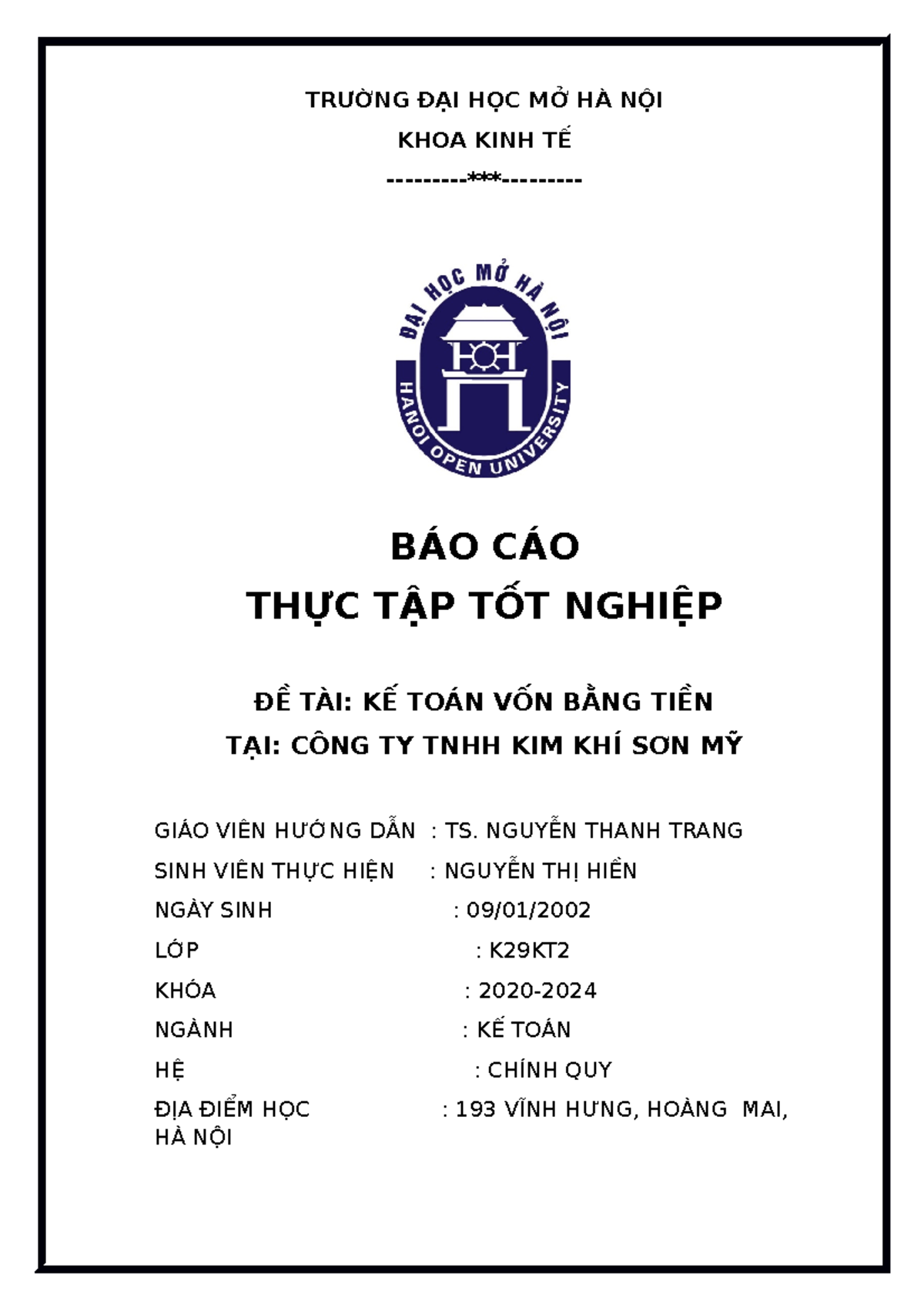 BCTT BẢN THỨ NHẤT - thực tập tốt nghiệp - TRƯỜNG ĐẠI HỌC MỞ HÀ NỘI KHOA ...