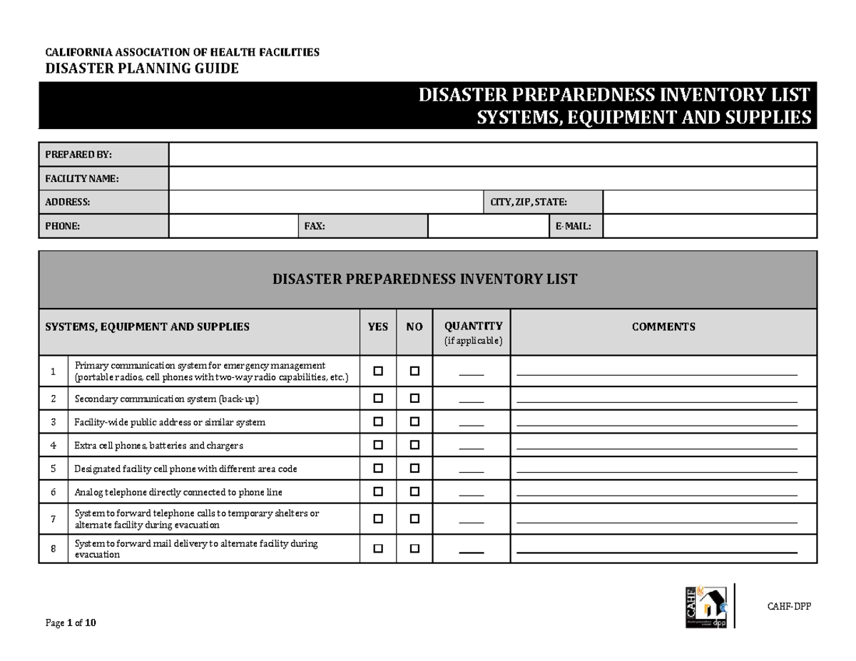 Disaster Inventory List 1 - ASSOCIATION OF HEALTH FACILITIES PLANNING ...