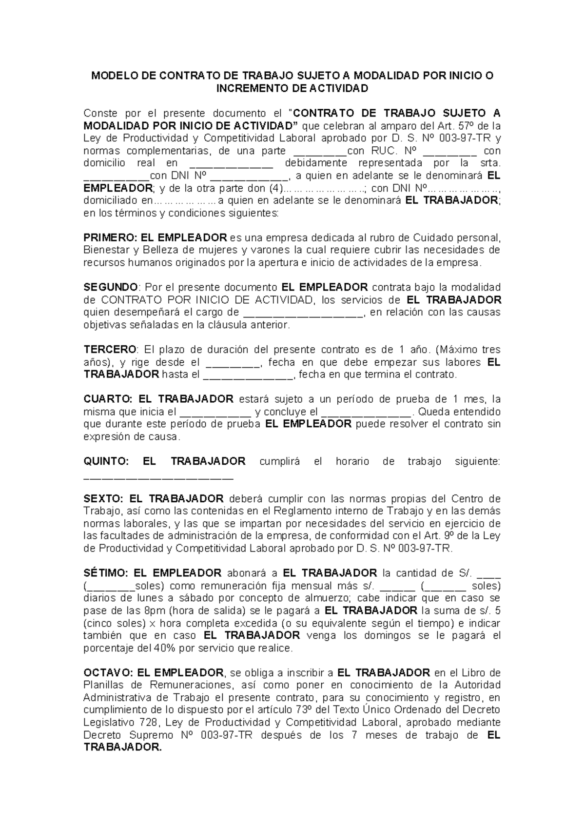 Contrato DE Trabajo - COTRATO - MODELO DE CONTRATO DE TRABAJO SUJETO A MODALIDAD POR INICIO O ...
