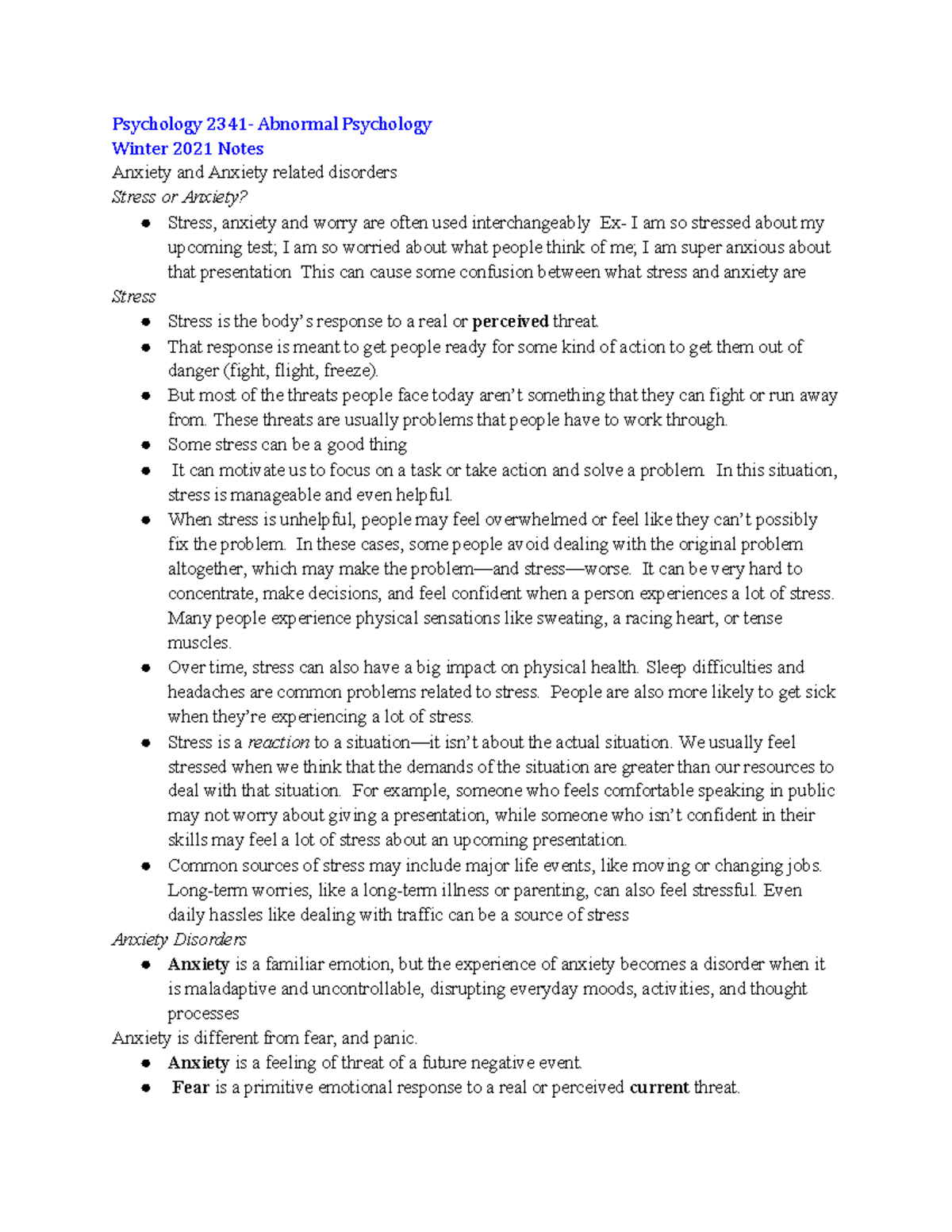 Psychology 2341- Abnormal Psychology Anxiety and Anxiety Related ...