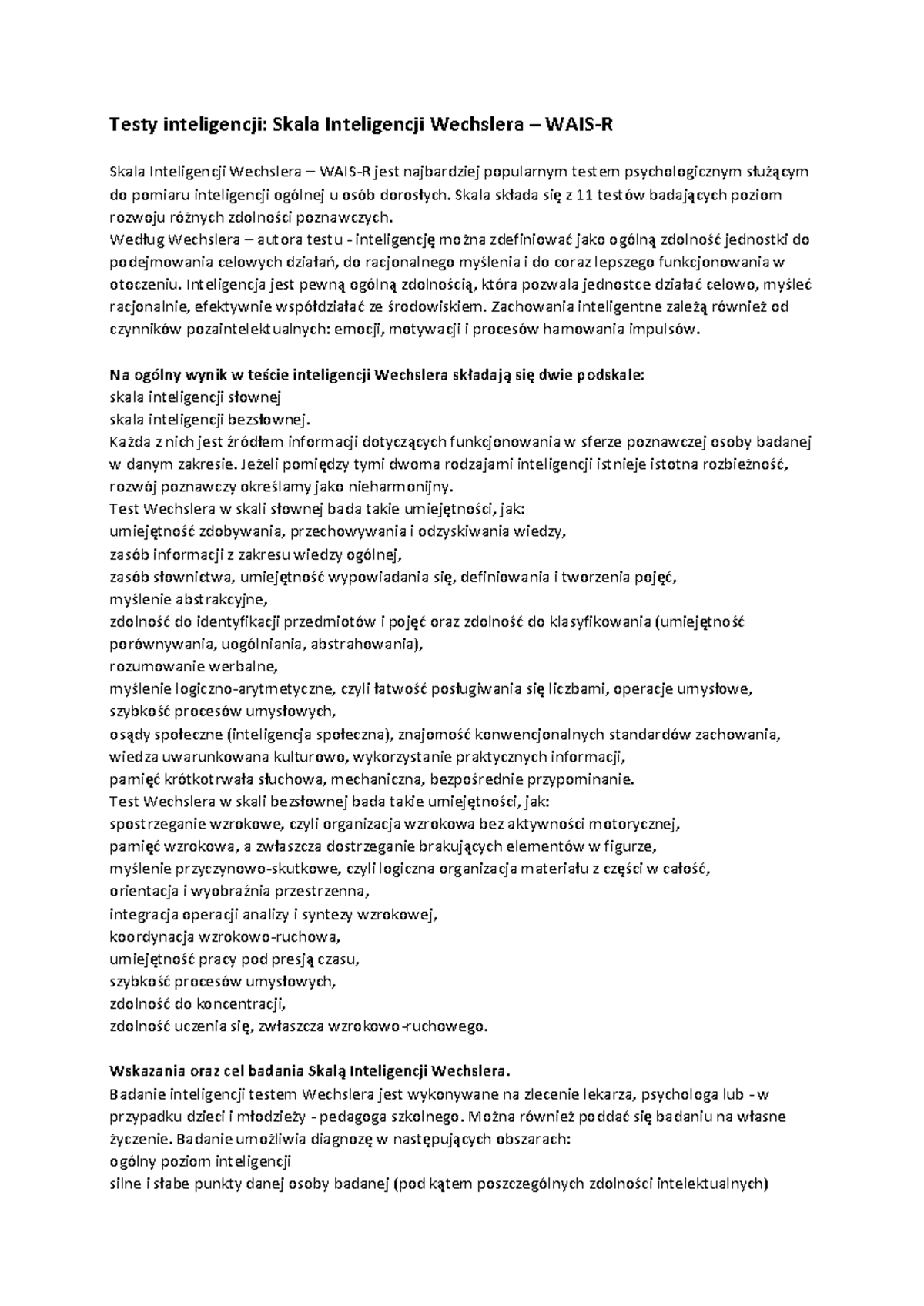 TEST WAIS R Wechsler - Testy inteligencji: Skala Inteligencji Wechslera ...
