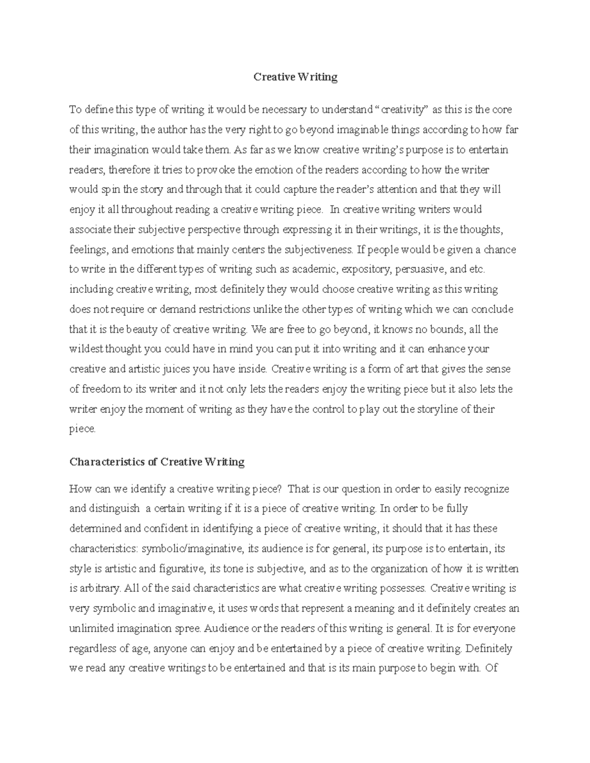 Creative Writing written Report ( Prelim) - Creative Writing To define ...