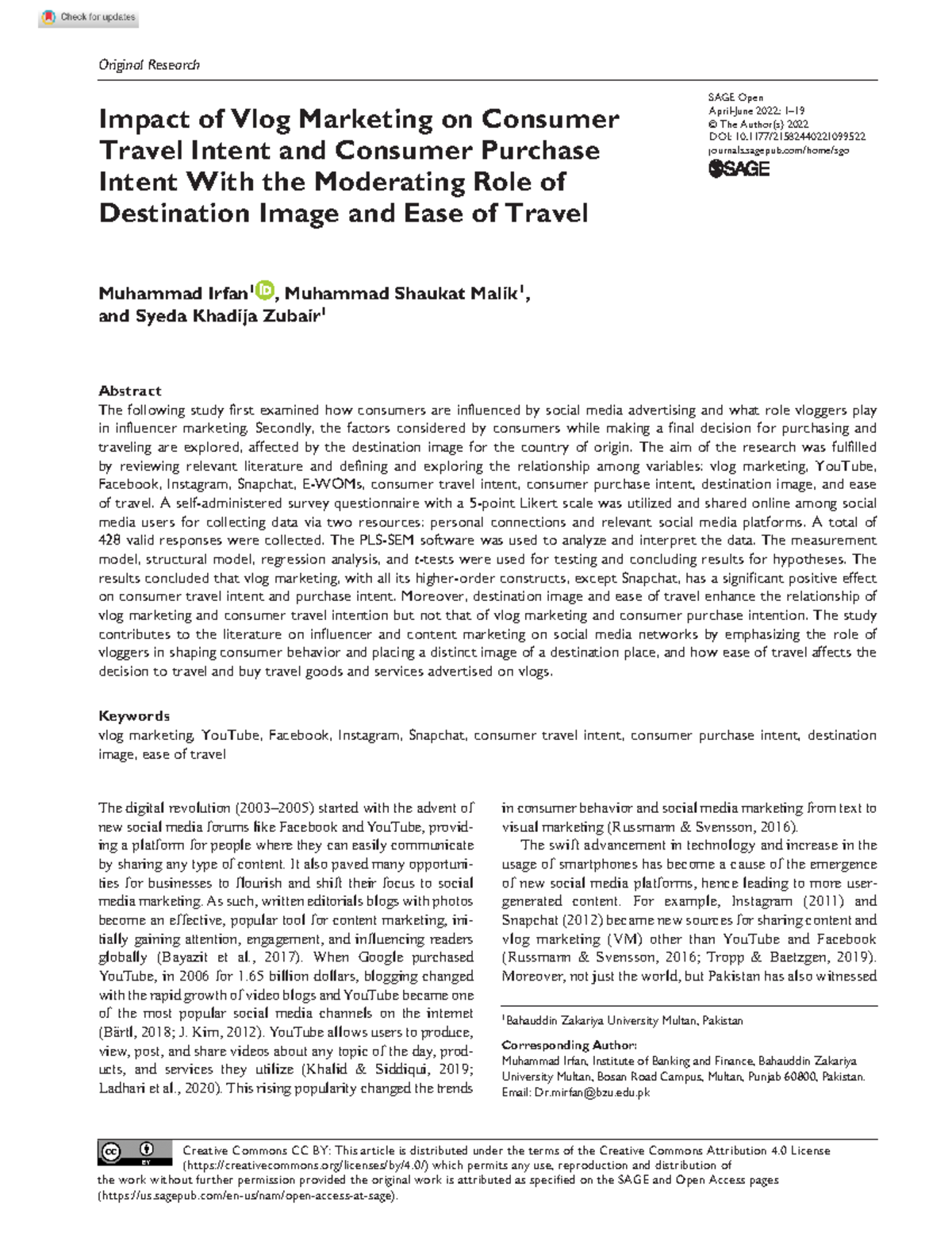 Impact of Vlog Marketing on Consumer Travel Intent and Consumer ...