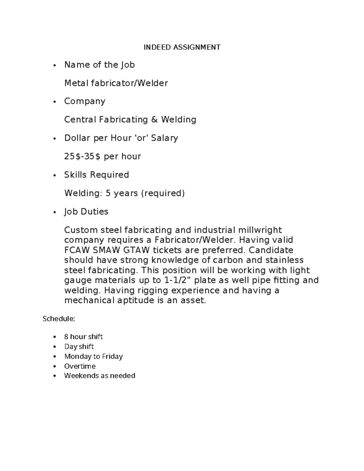 Indeed Assignment - INDEED ASSIGNMENT Name of the Job Metal fabricator ...