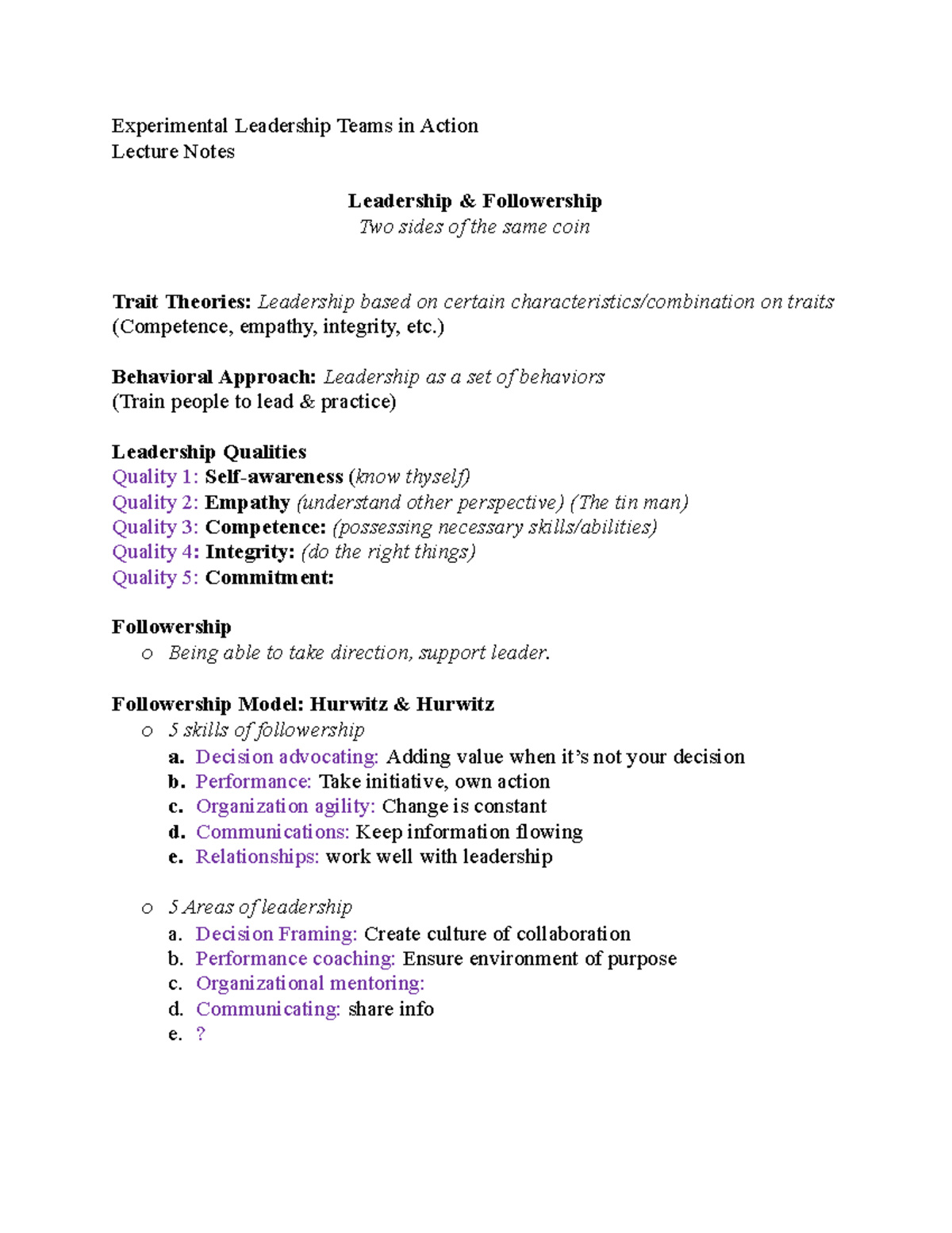 BUSI Lecture 1 Notes - Experimental Leadership Teams in Action Lecture ...