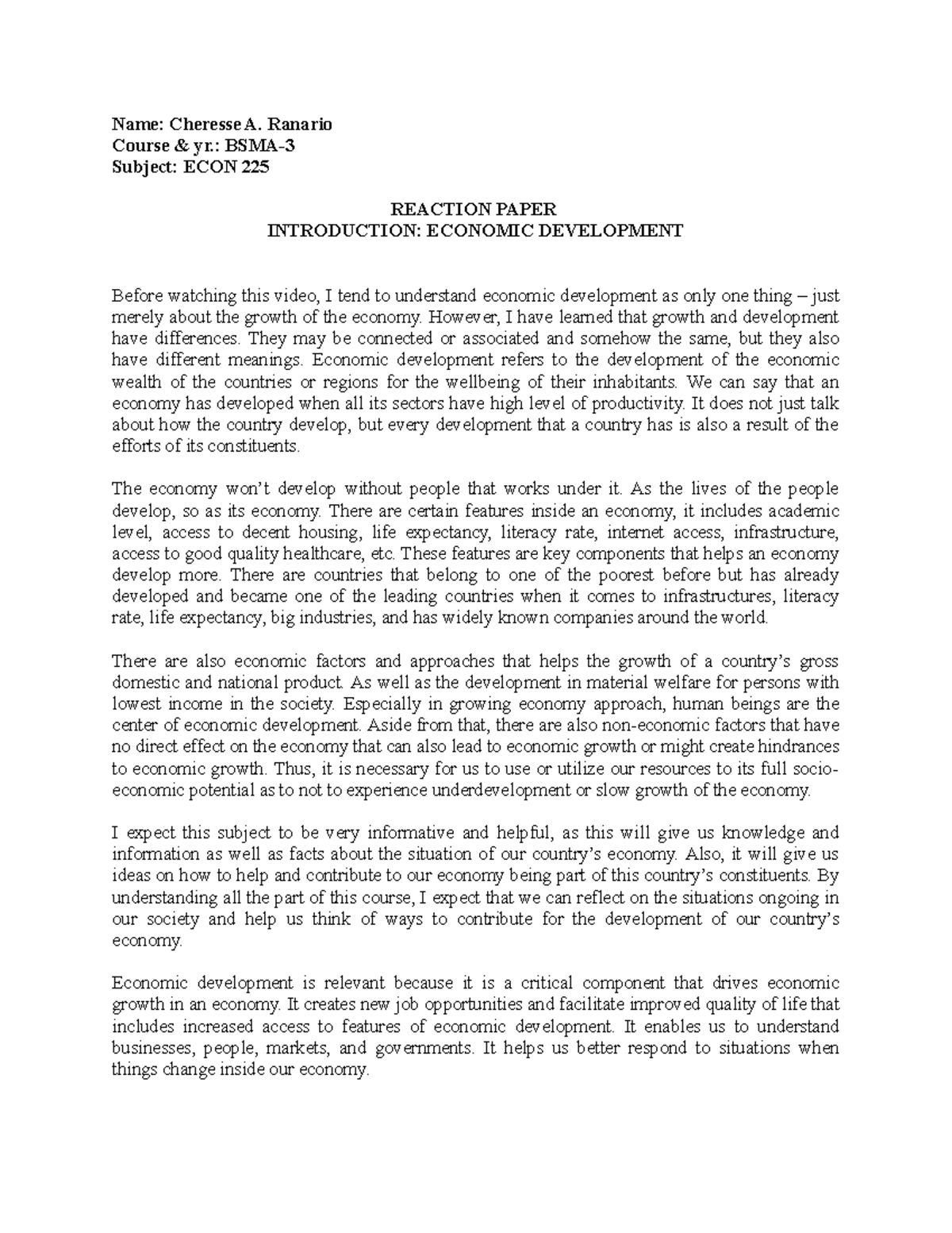Reaction Paper - ECON225 - Name: Cheresse A. Ranario Course & yr.: BSMA ...