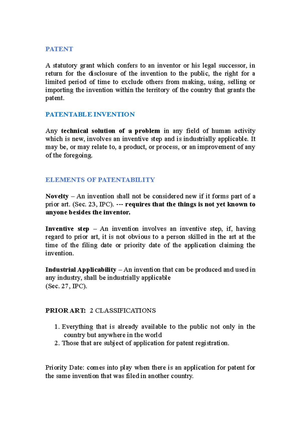 IP - Patent - Notes and reading materials - PATENT A statutory grant ...