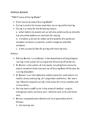 Patricia- Benner Theory - PATRICIA BENNER “ THE Primary of Caring Model ...