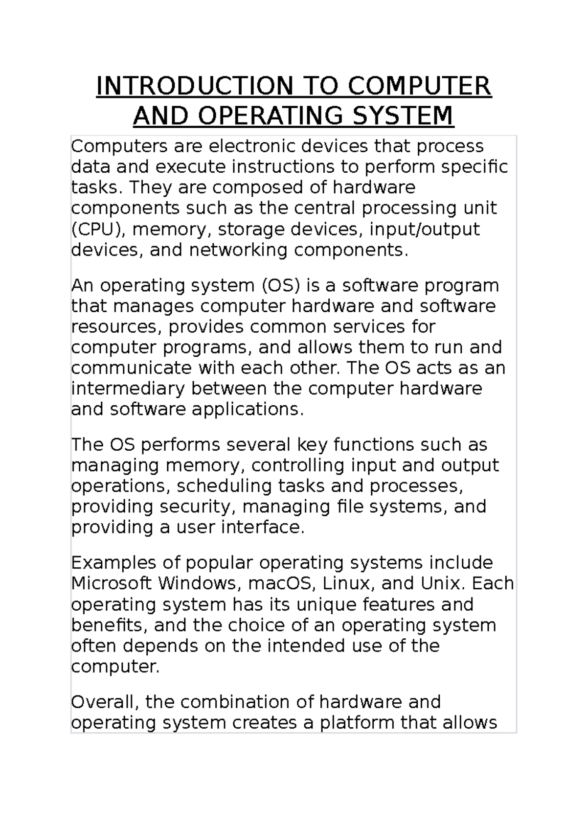 Introduction To Computer And Operating System Introduction To Computer And Operating System