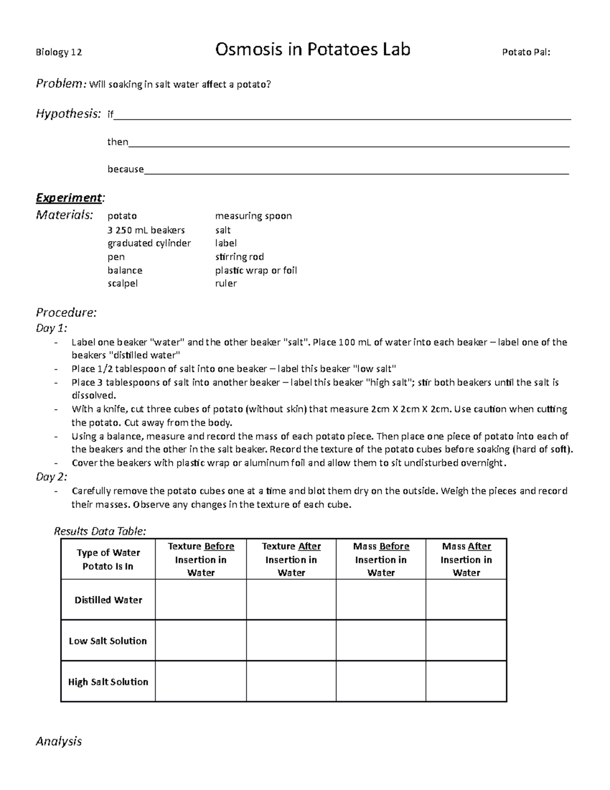 Osmosis in potatoes lab - Place 100 mL of water into each beaker ...