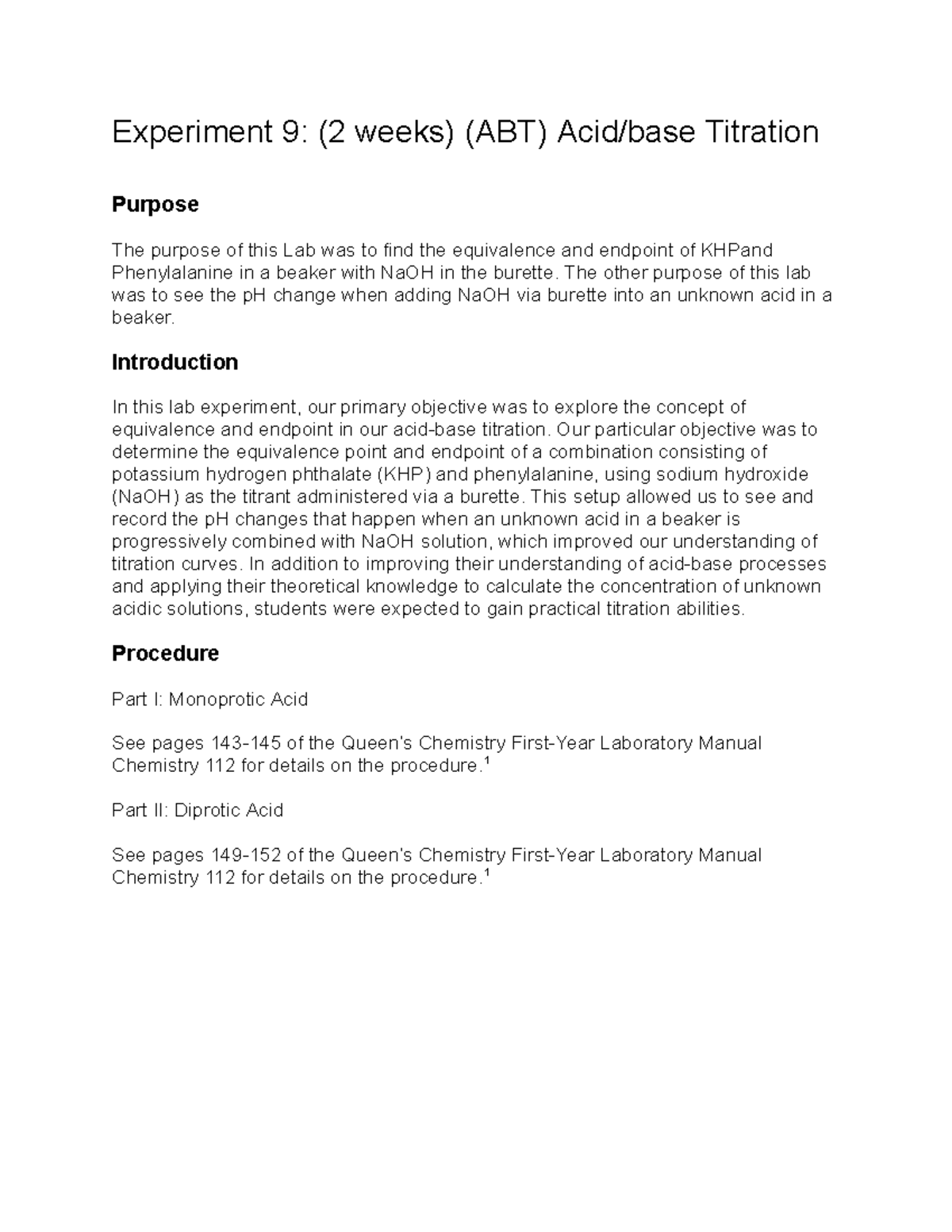 Acid Base Titration Lab - Brett Kirkham - Google Docs - Experiment 9 ...