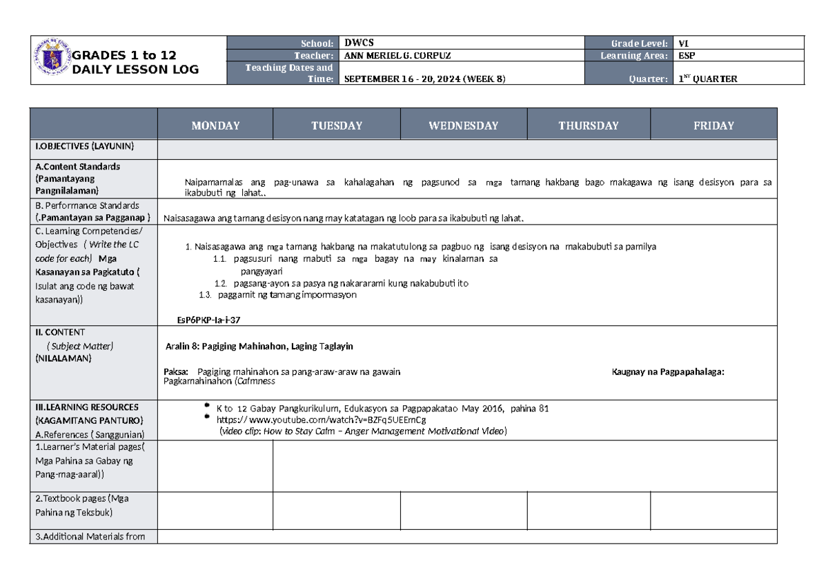 DLL ESP 6 Q1 W8 - lesson log - GRADES 1 to 12 DAILY LESSON LOG School ...