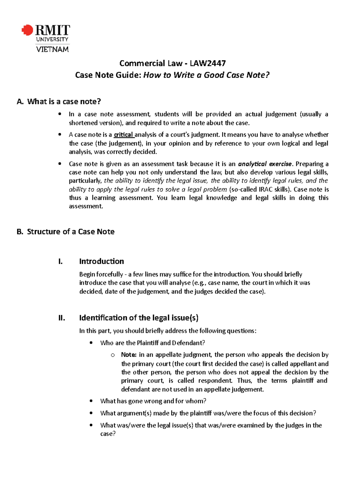 Case Note Assignment 3 Commercial Law LAW Case Note Guide How To
