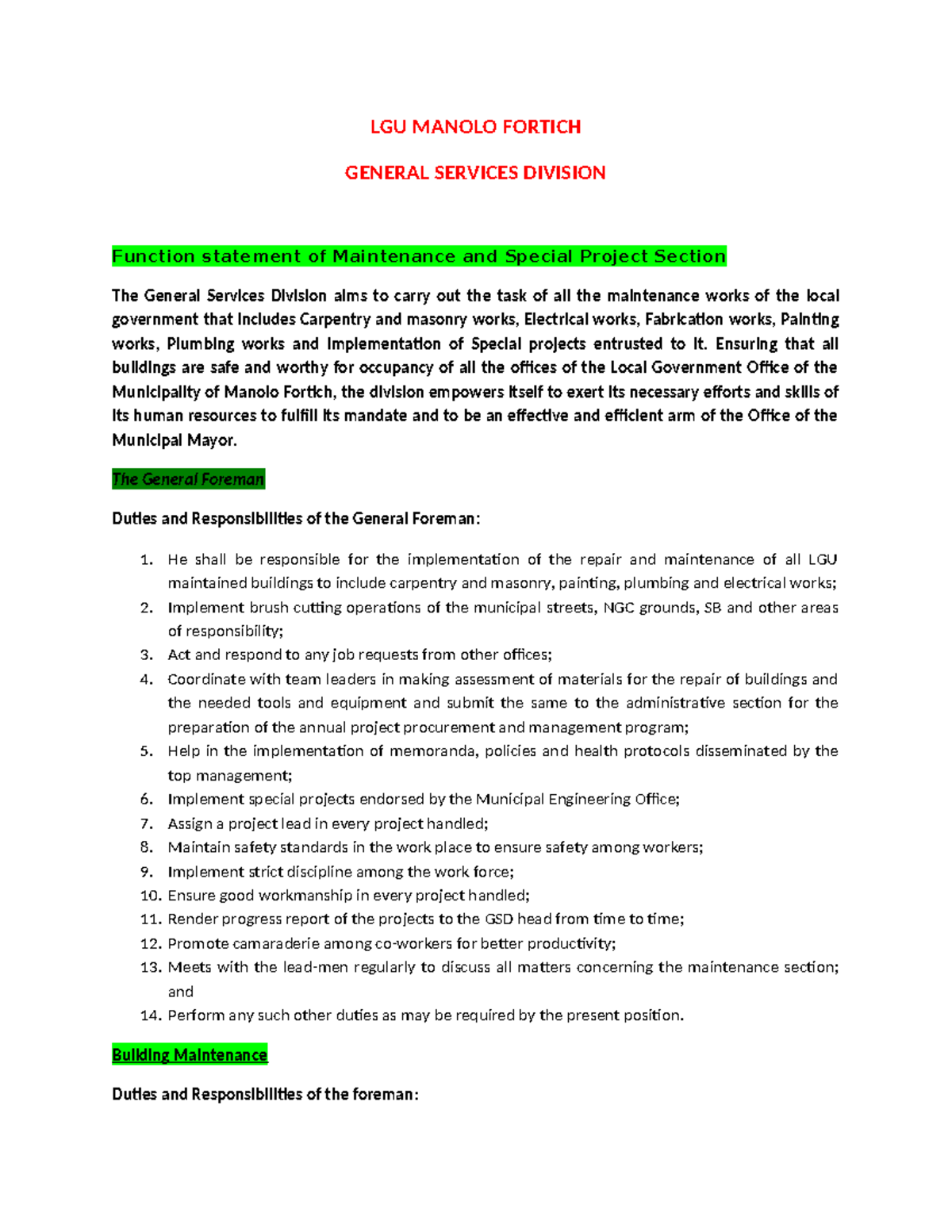 GSD personnel functions - LGU MANOLO FORTICH GENERAL SERVICES DIVISION ...