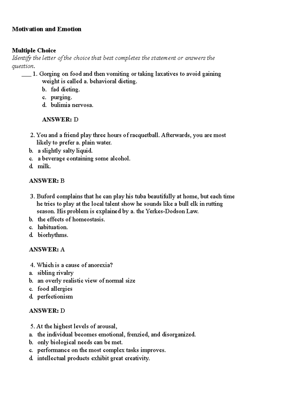 Motivation and Emotion - Motivation and Emotion Multiple Choice ...