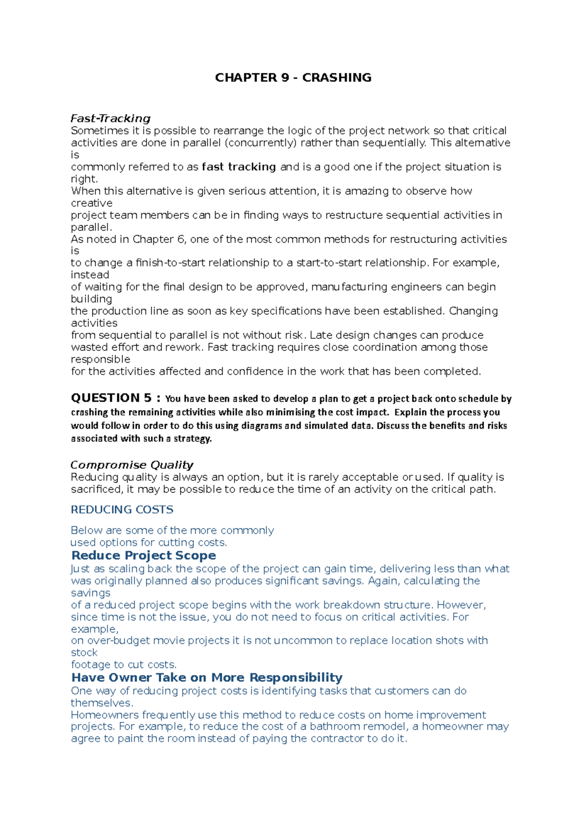 Chapter 9 - Crashing - Lecture notes 3 - CHAPTER 9 - CRASHING Fast ...