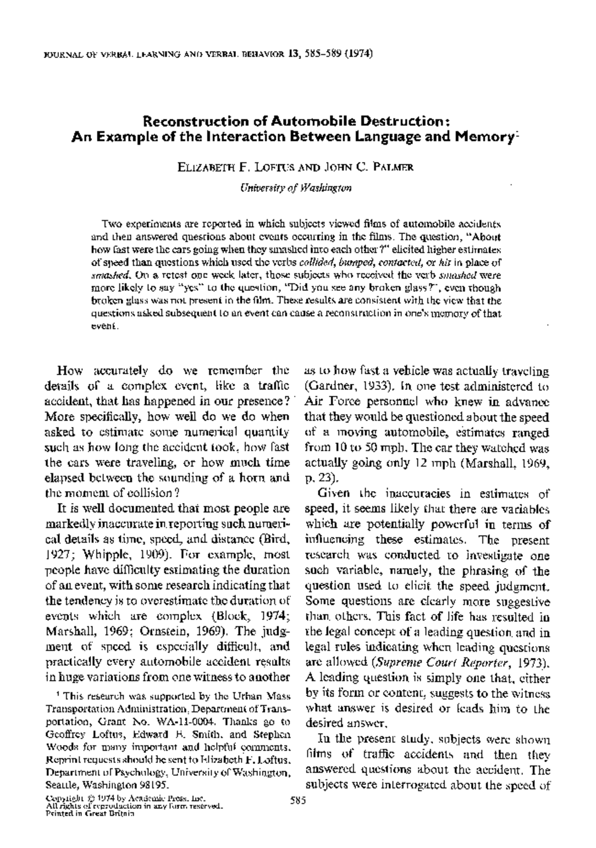 Loftus and Palmer 1974 - JOURNAL OF VERBAL LEARNING AND VERBAL BEHAVIOR ...