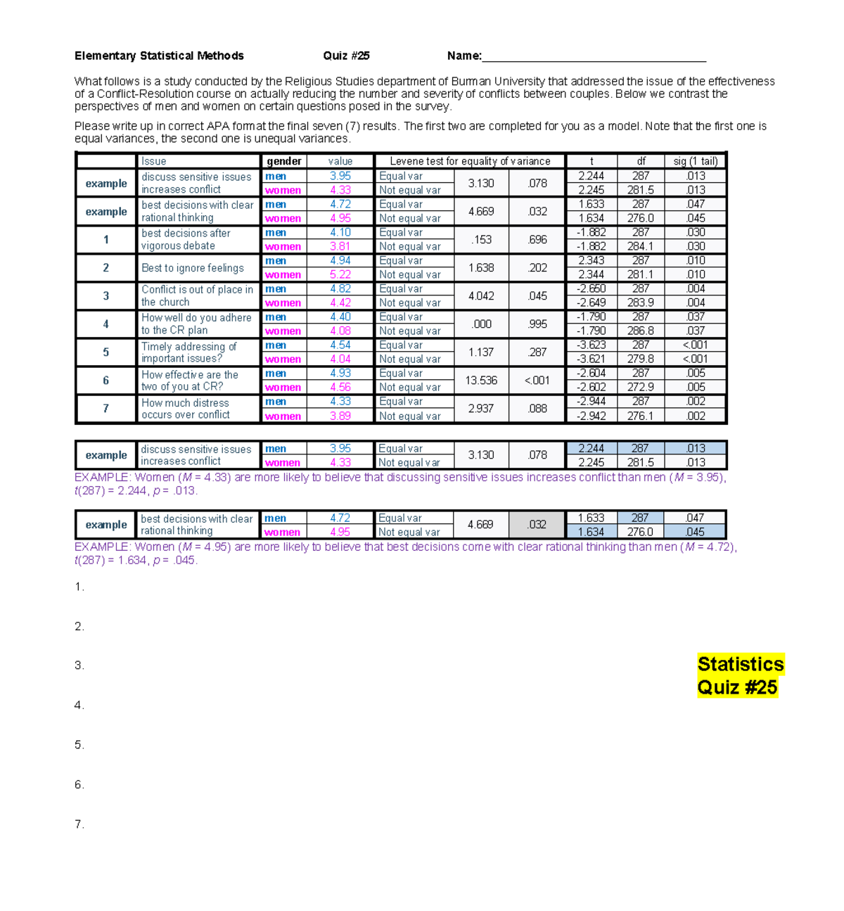 UA Stat quiz #25 - Elementary Statistical Methods Quiz #25 Name ...