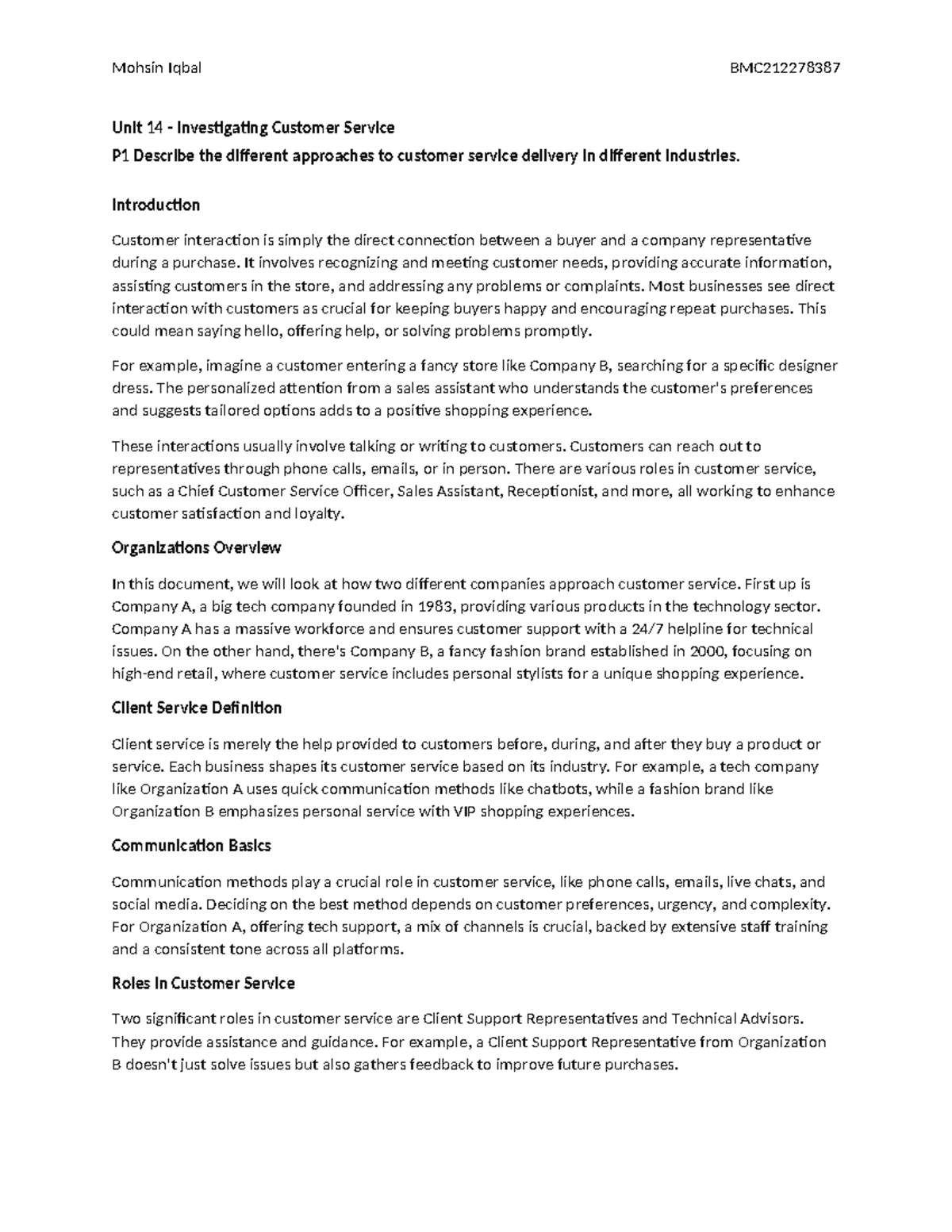 UNIT 14 P1 - Mohsin Iqbal BMC Unit 14 - Investigating Customer Service ...