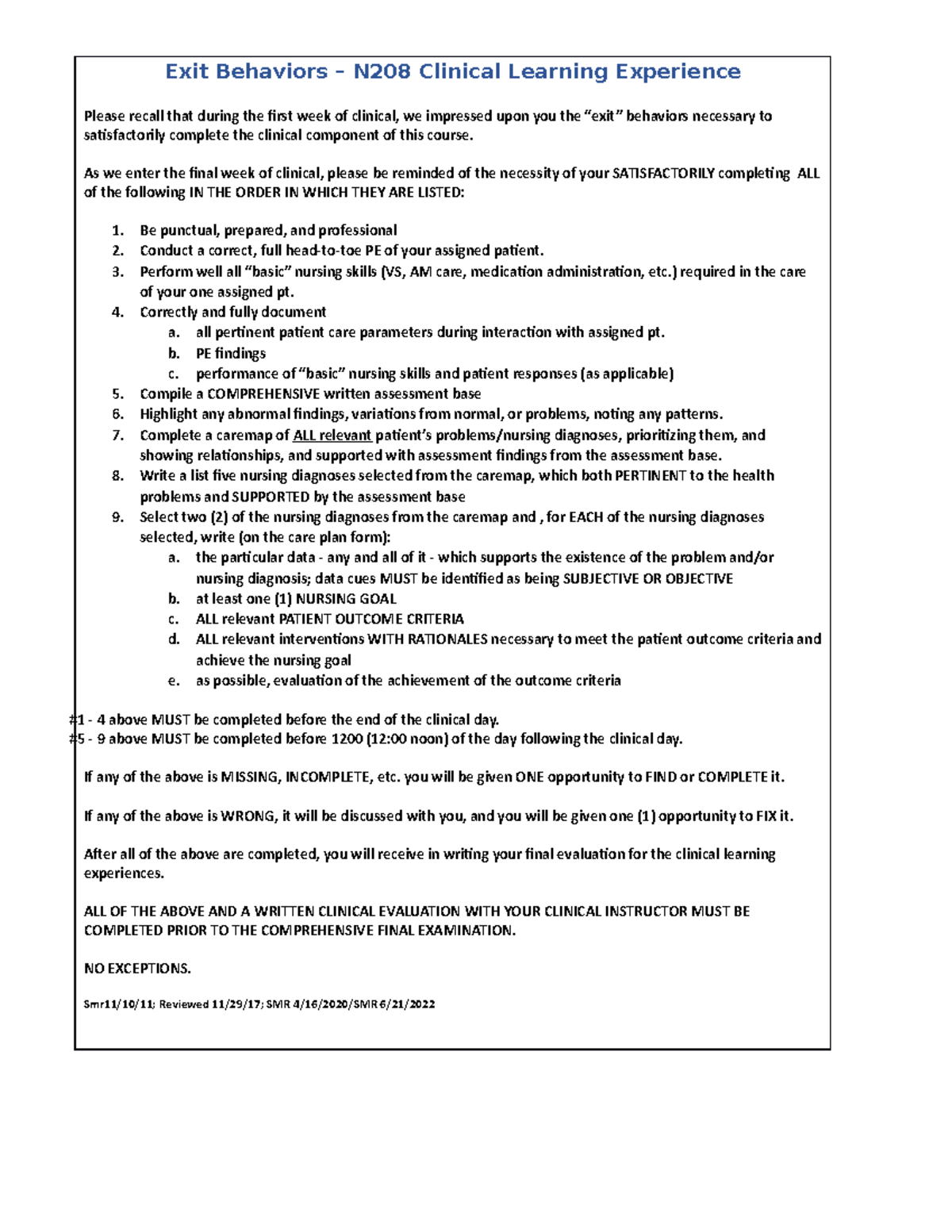 Clinical Exit Behaviors - Exit Behaviors – N208 Clinical Learning ...